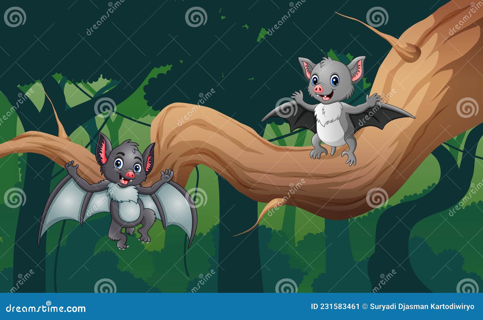 Cartoon Two Cute Bats Flying Over the Tree Stock Vector - Illustration ...