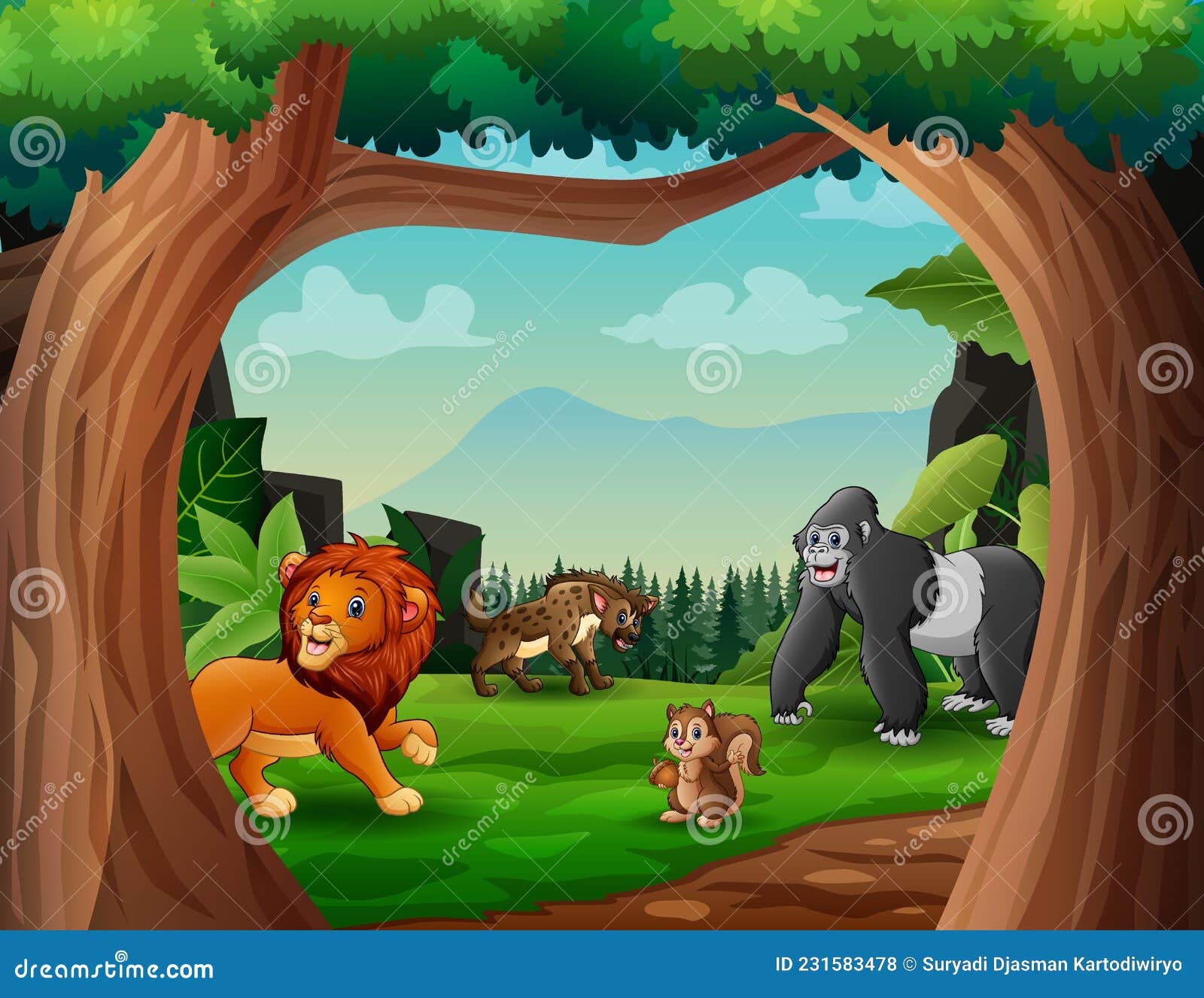Cartoon Wild Animals Playing in the Green Field Stock Vector ...