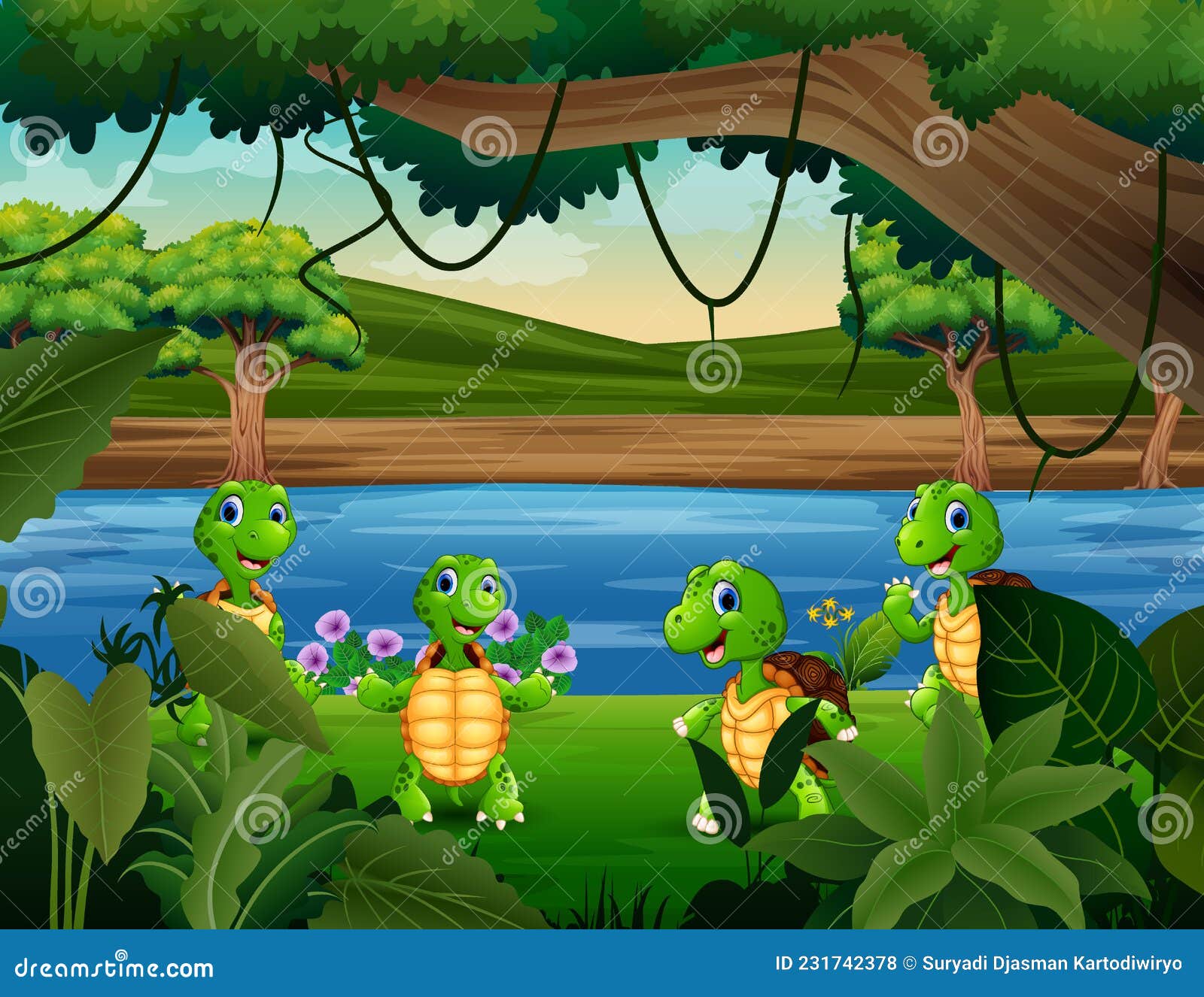 Illustration of Cute Four Turtles Playing by the River Stock Vector ...