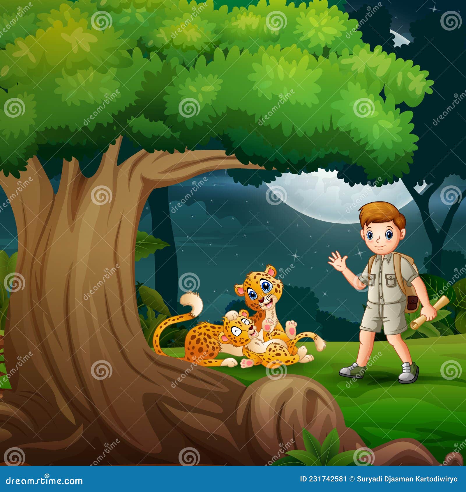 Cartoon the Explorer Boy and Cheetah Under the Tree Stock Vector ...