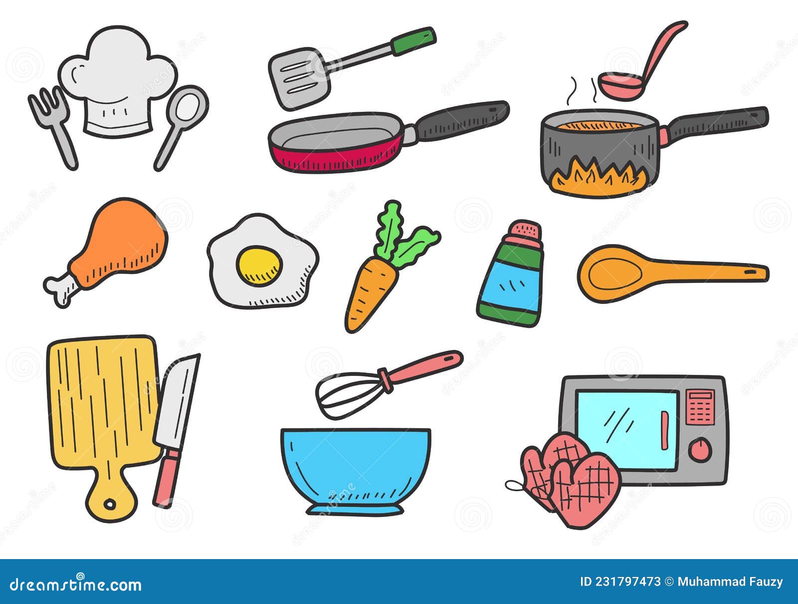 Set of Cooking and Kitchen Colorful Doodle Illustration Stock Vector ...
