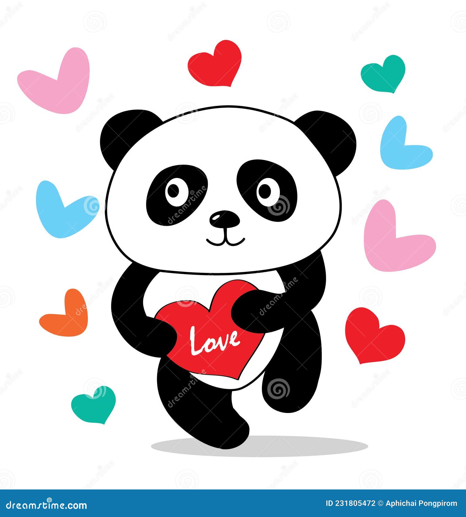 Illustration Vector Panda Holding Hearts. Colorful Hearts Background ...