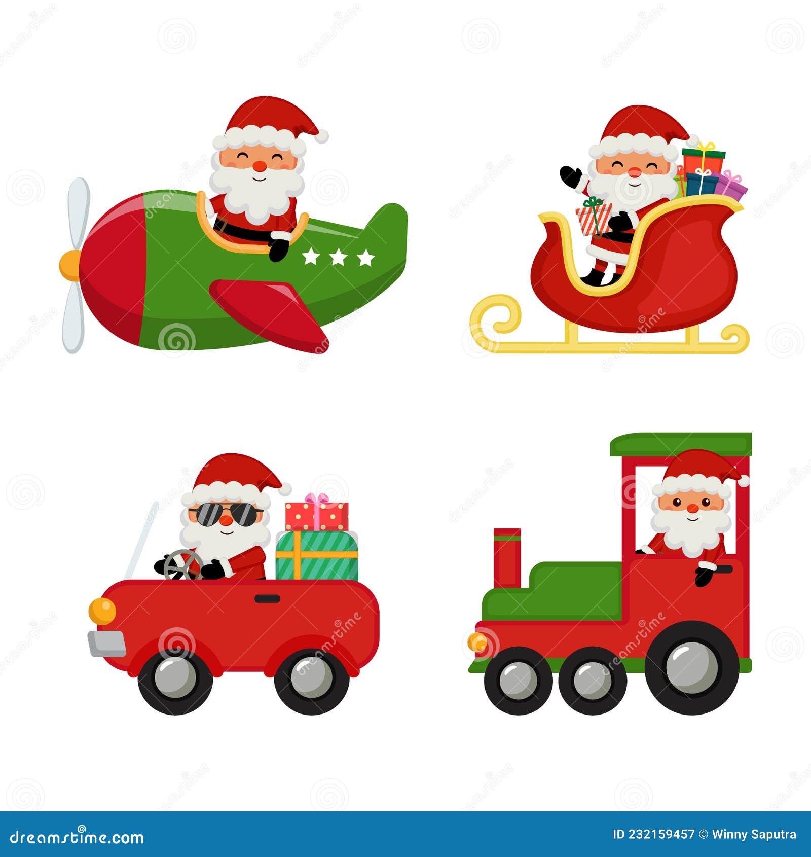 Cute Santa Claus Riding Various Transportation To Deliver Christmas ...