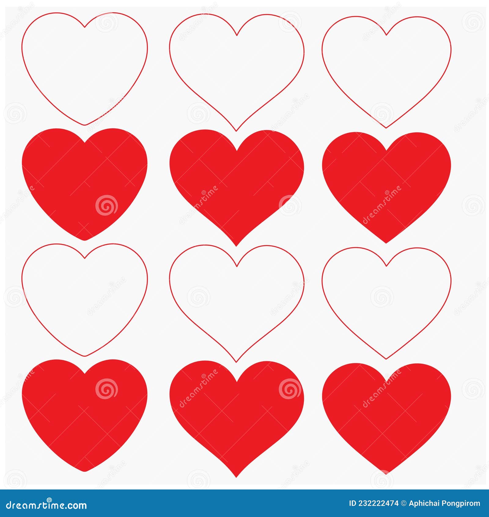 Twelve Hearts Vector Illustration Placed in Red and Gray on a White ...