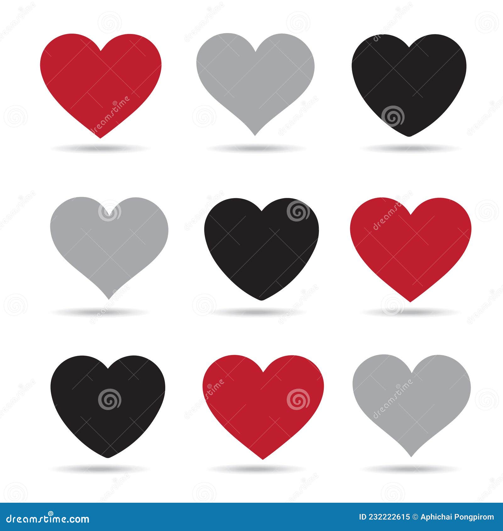 Illustration, Vector, Nine Hearts, with Various Shadows on a White ...