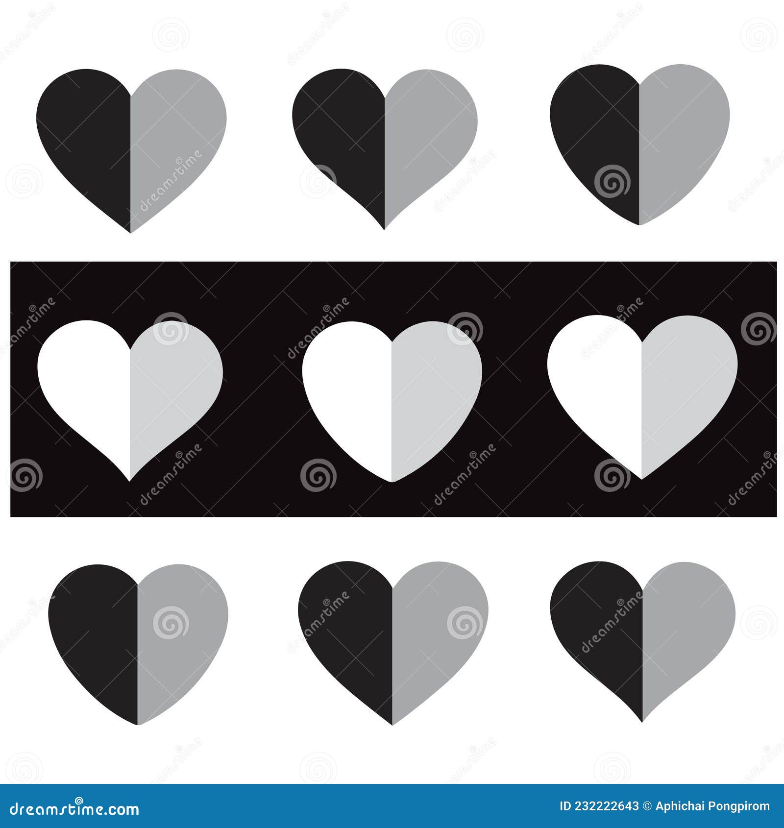 Illustration, Vector, Nine Hearts, Halved on a White Background. Stock ...