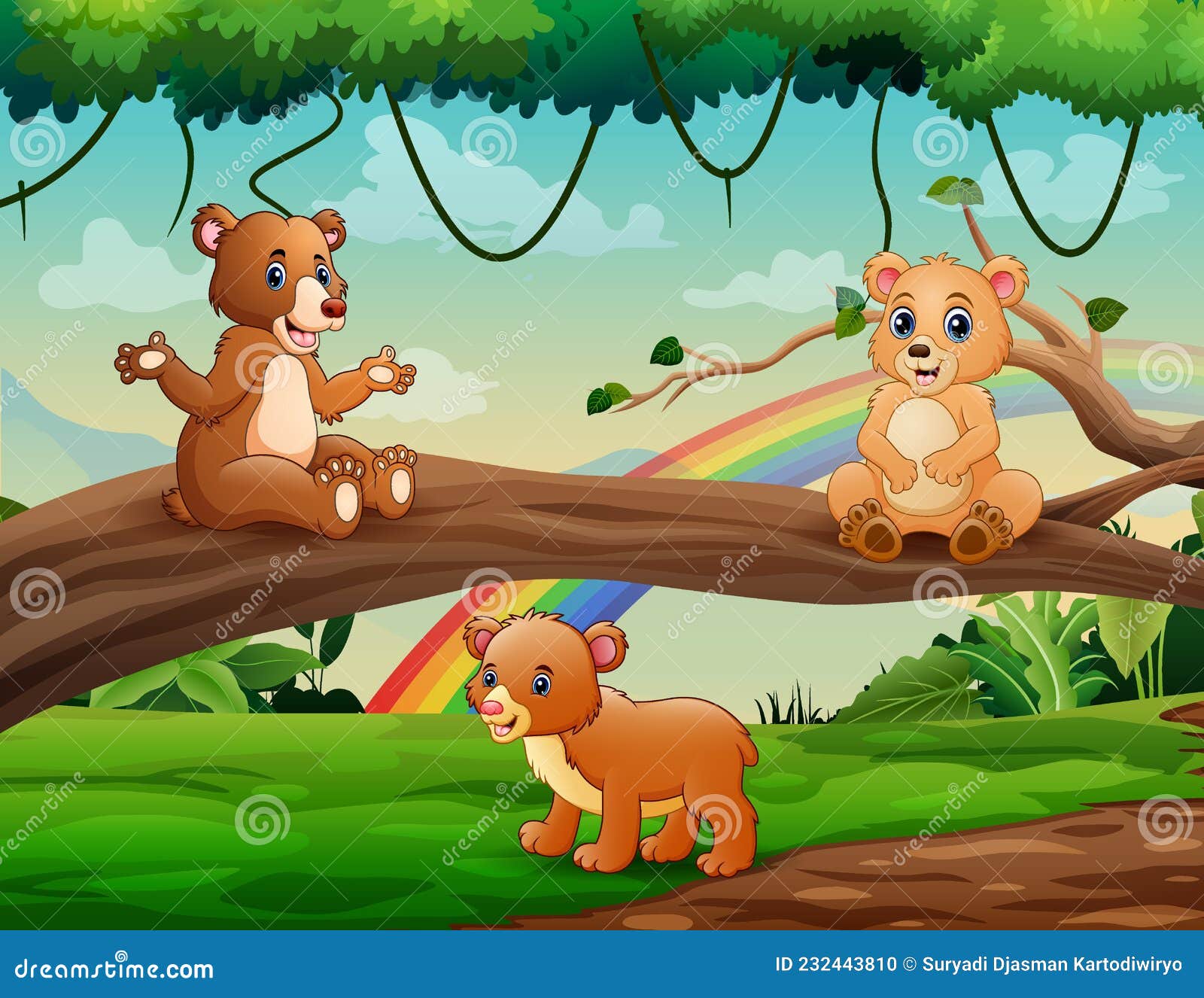 Cute Three Bears Cartoon Playing at the Jungle Stock Vector ...