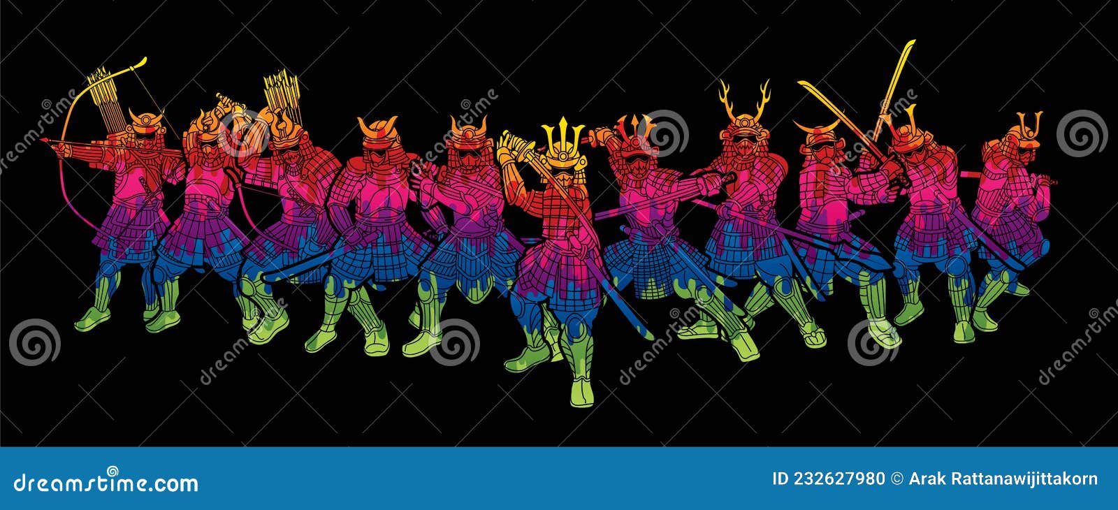 Group of Samurai Warrior with Weapon Japanese Fighter Ronin Cartoon ...