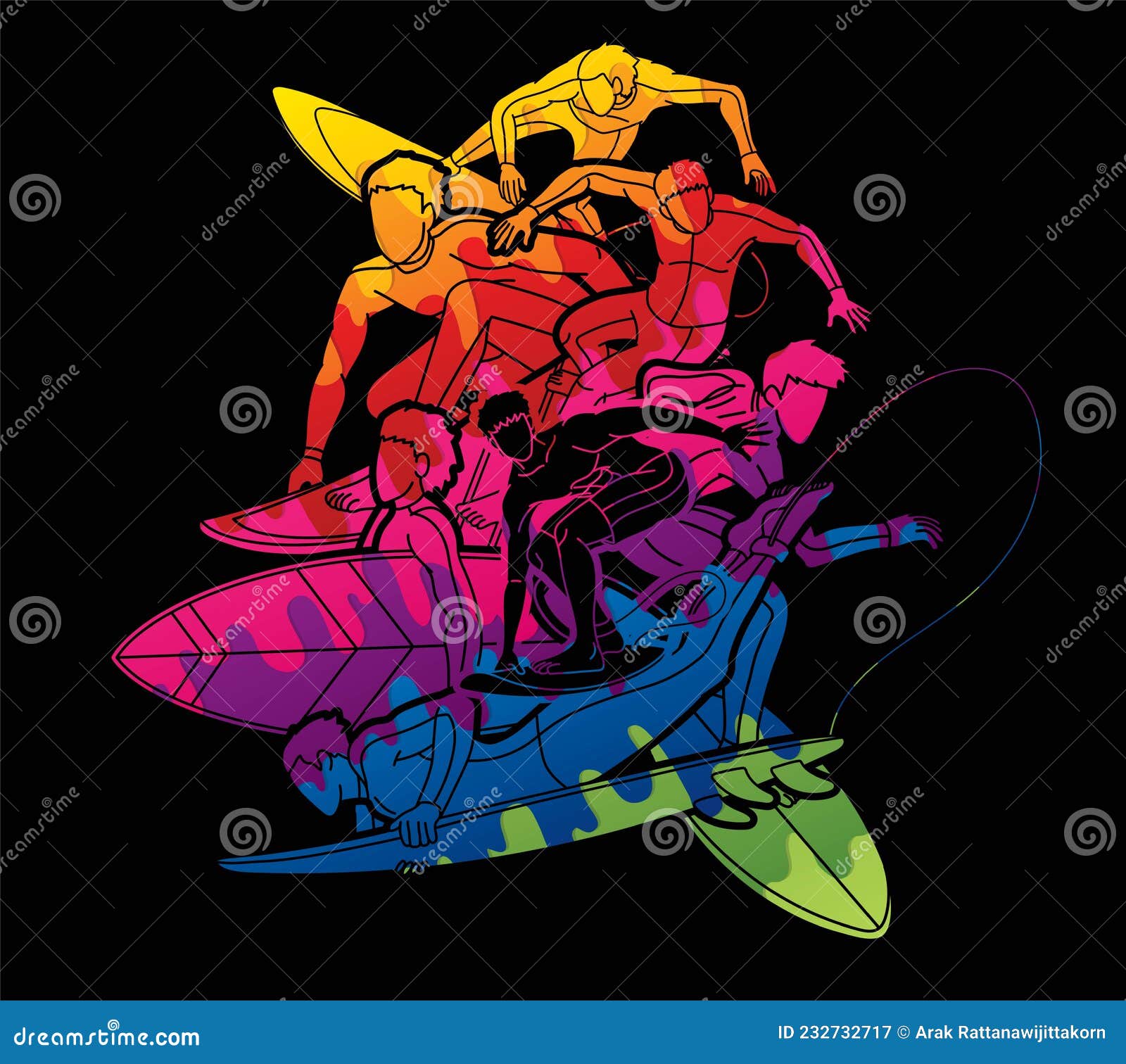 Group of Surfer Action Surfing Sport Players Cartoon Graphic Vector ...