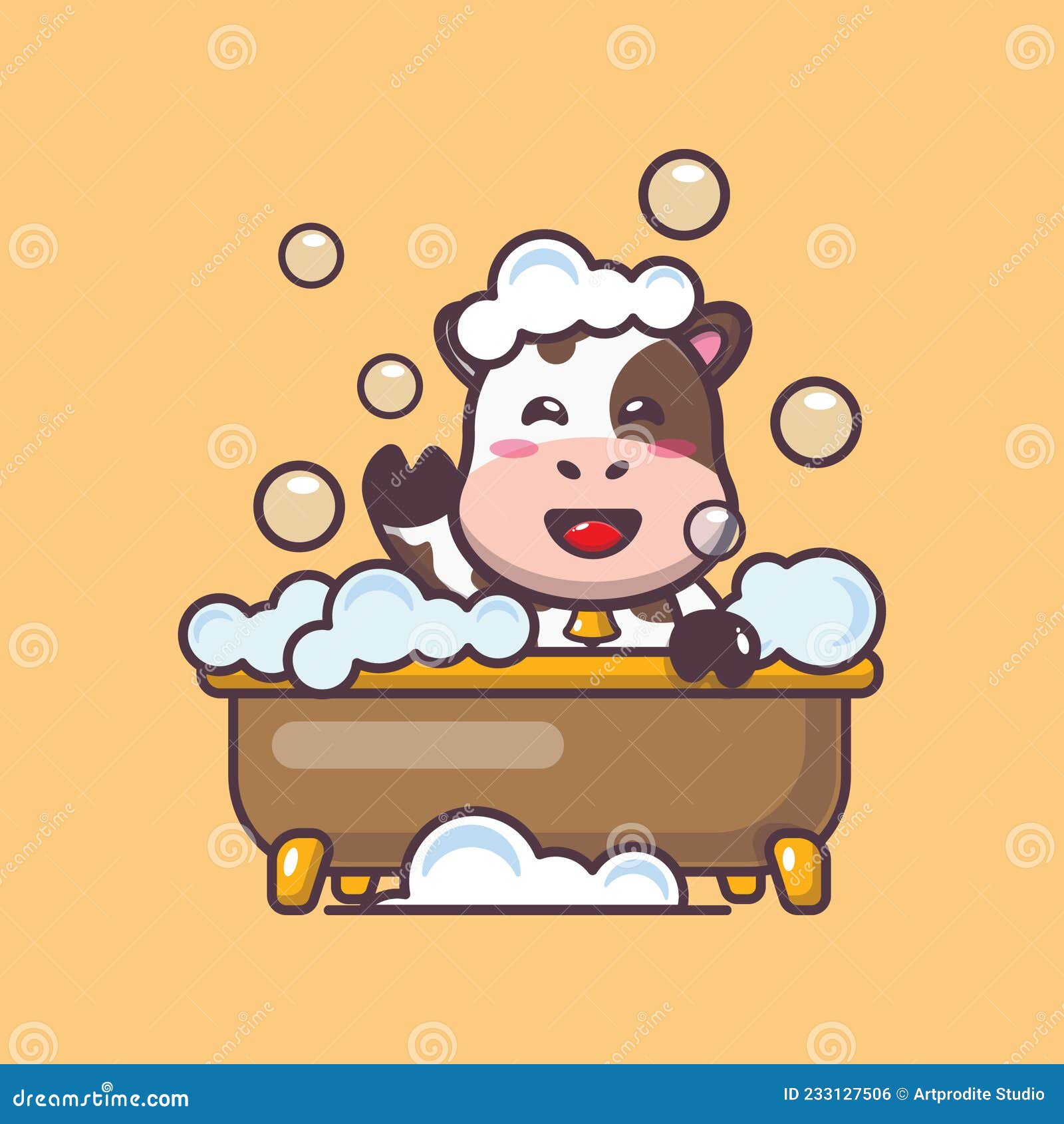 Cute Cow Taking Bubble Bath in Bathtub. Cute Animal Cartoon ...