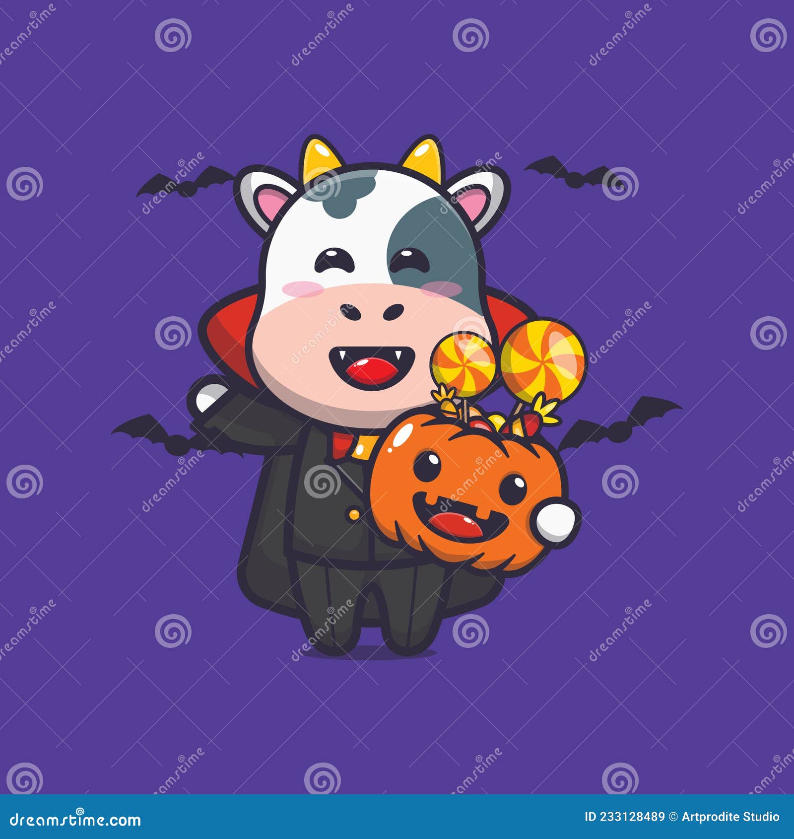 Cute Cow Wearing Vampire Costume Holding Halloween Pumpkin. Stock ...