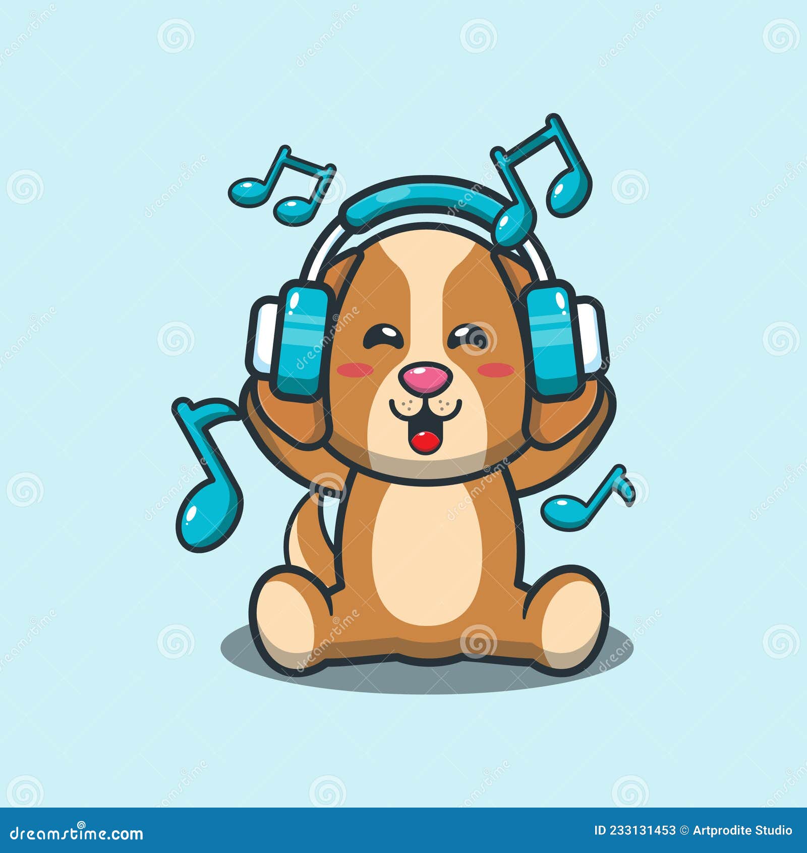 Cute Dog Listening Music with Headphone. Cute Animal Cartoon ...