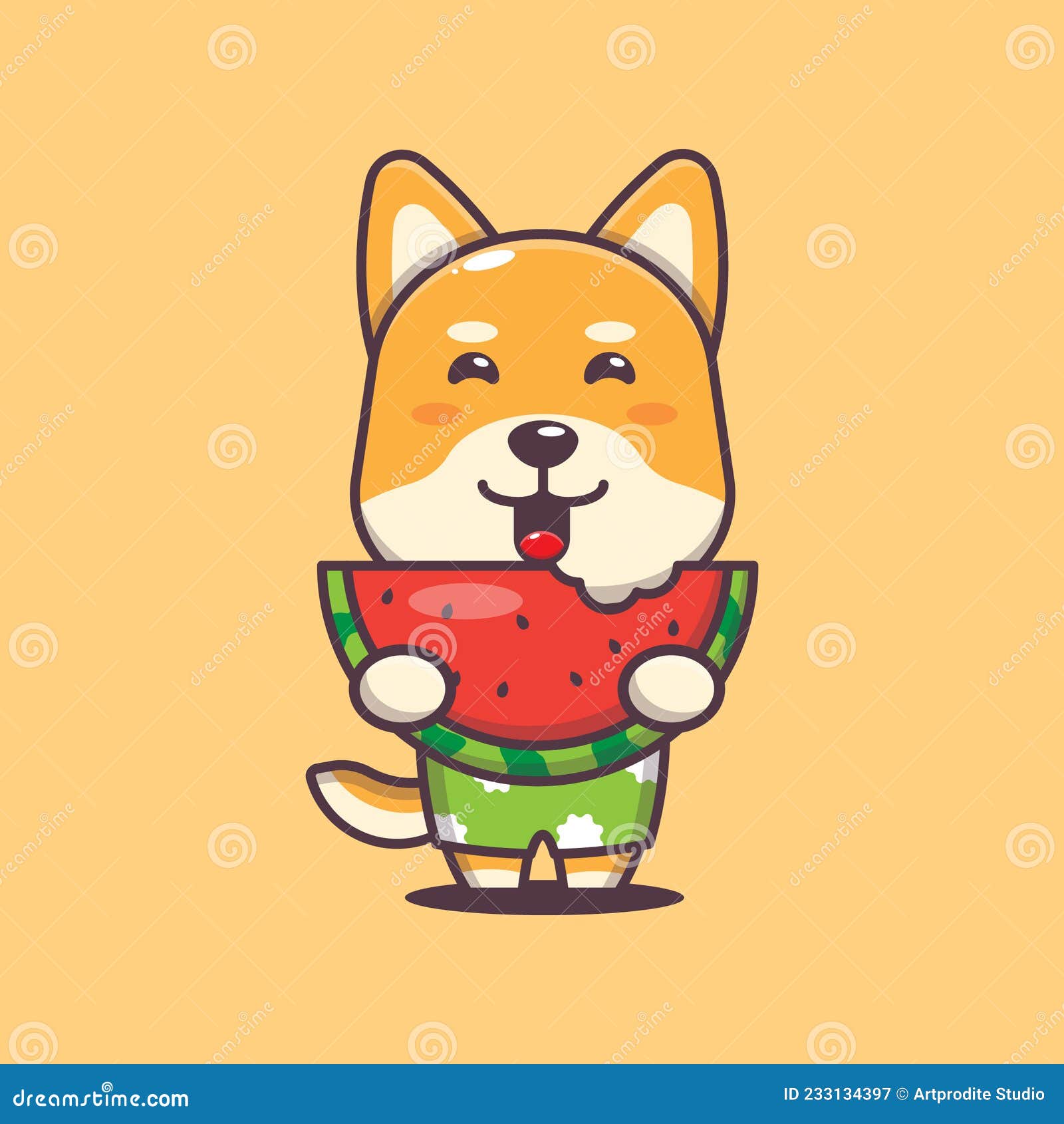 Cute Dog Eating Watermelon. Cute Summer Cartoon Illustration Stock ...