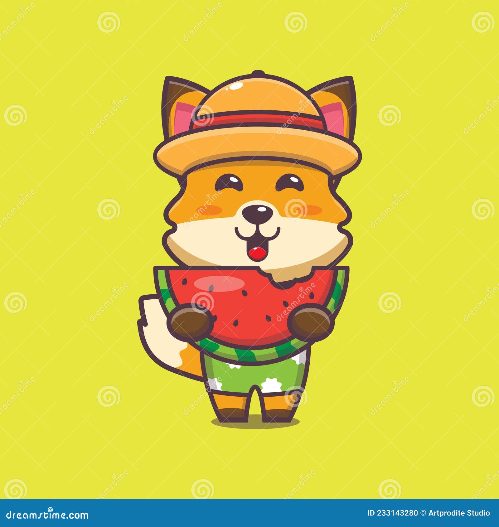 Cute Fox Eating Watermelon. Cute Summer Cartoon Illustration Stock ...