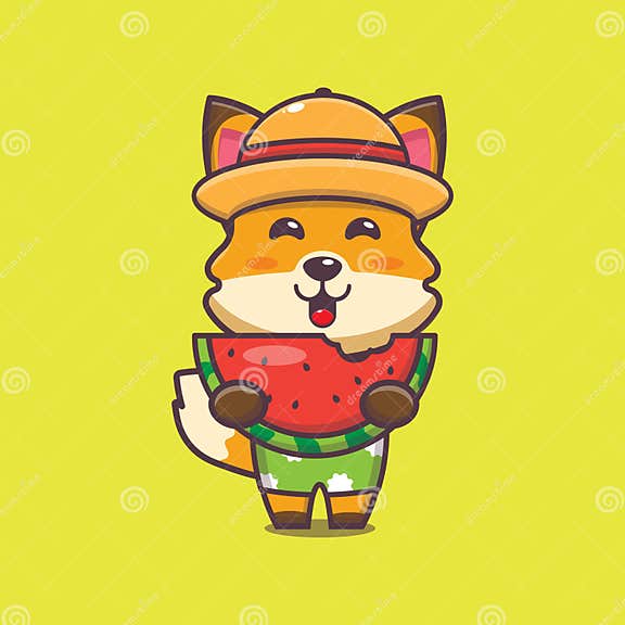 Cute Fox Eating Watermelon. Cute Summer Cartoon Illustration Stock ...