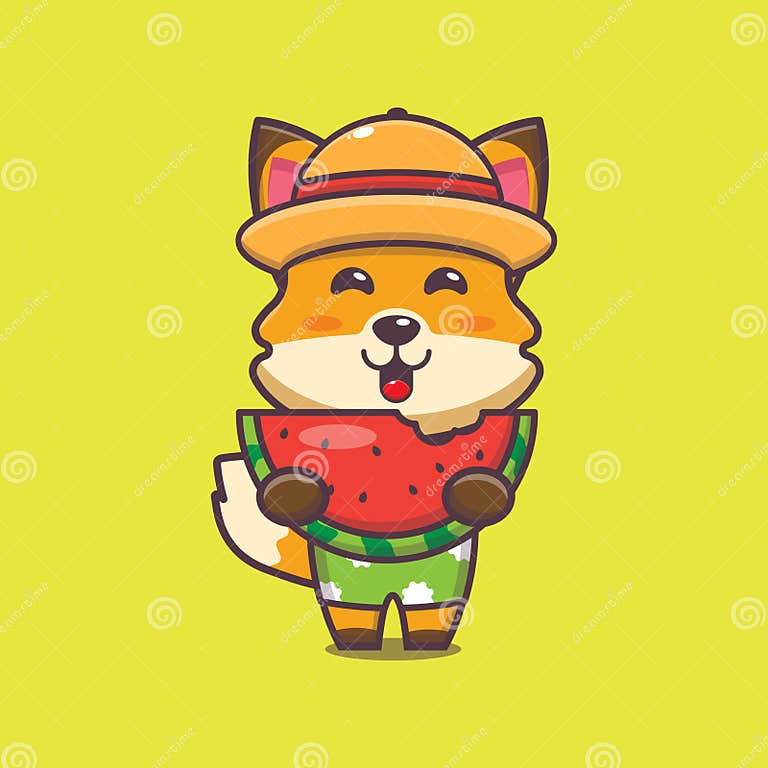 Cute Fox Eating Watermelon. Cute Summer Cartoon Illustration Stock ...