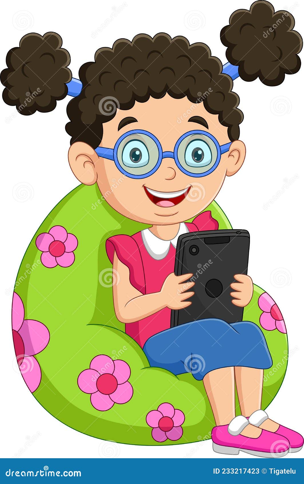 Little Girl Playing Tablet on Big Pillow Stock Vector - Illustration of ...