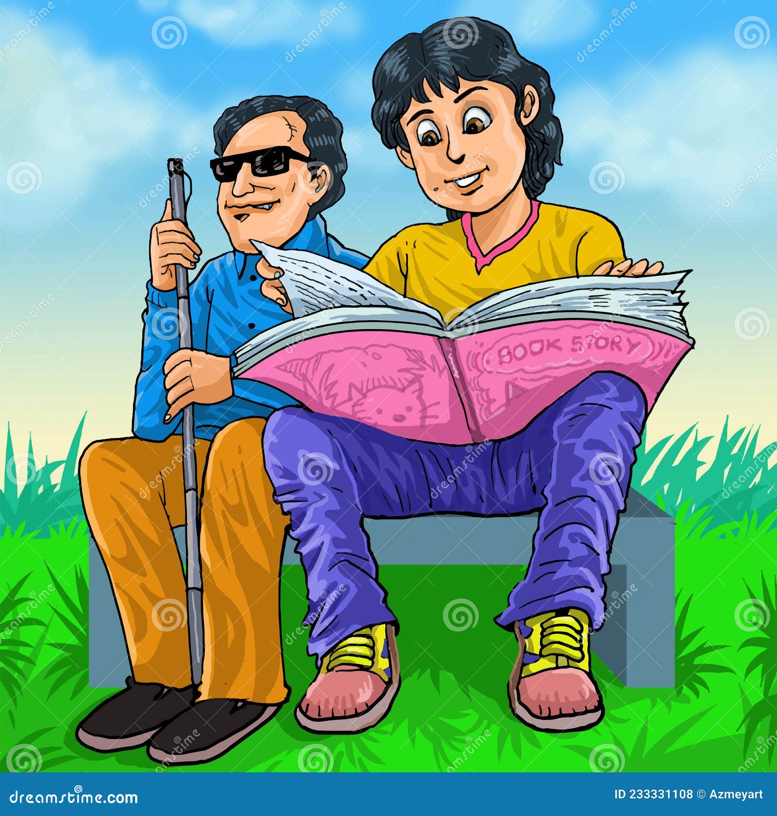 A Young Boy Reading a Book To His Blind Friend. Stock Vector ...