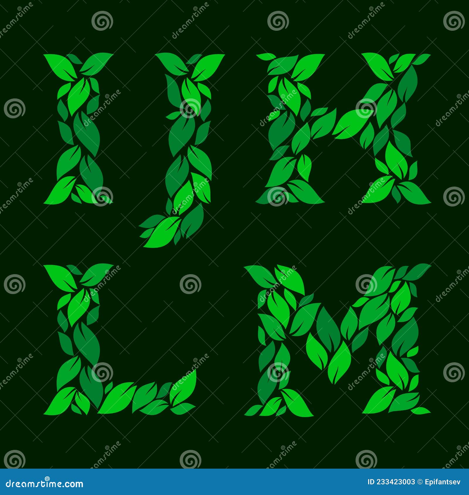 Letters I, J, K, L, M Made of Green Leaves. Stock Vector - Illustration ...