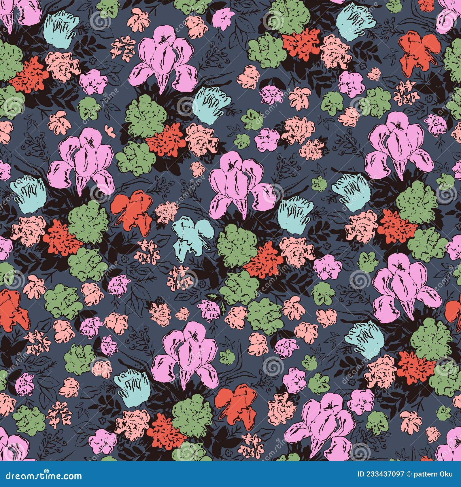 Abstract Artistic Flower Illustration Motif Seamless Repeat Pattern ...