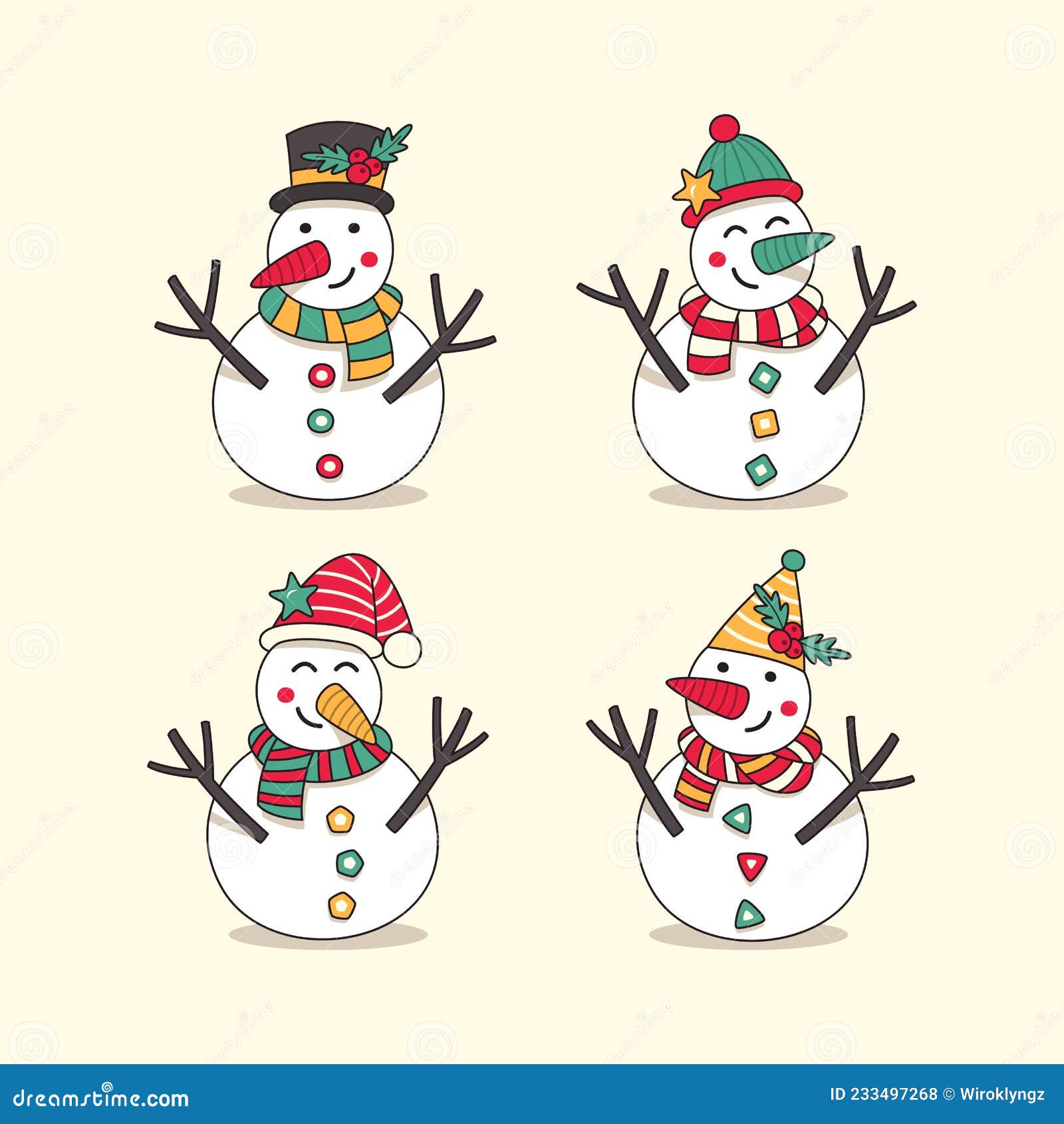 Hand Drawn Lovely Snowmen Characters Set For The Christmas Decoration ...