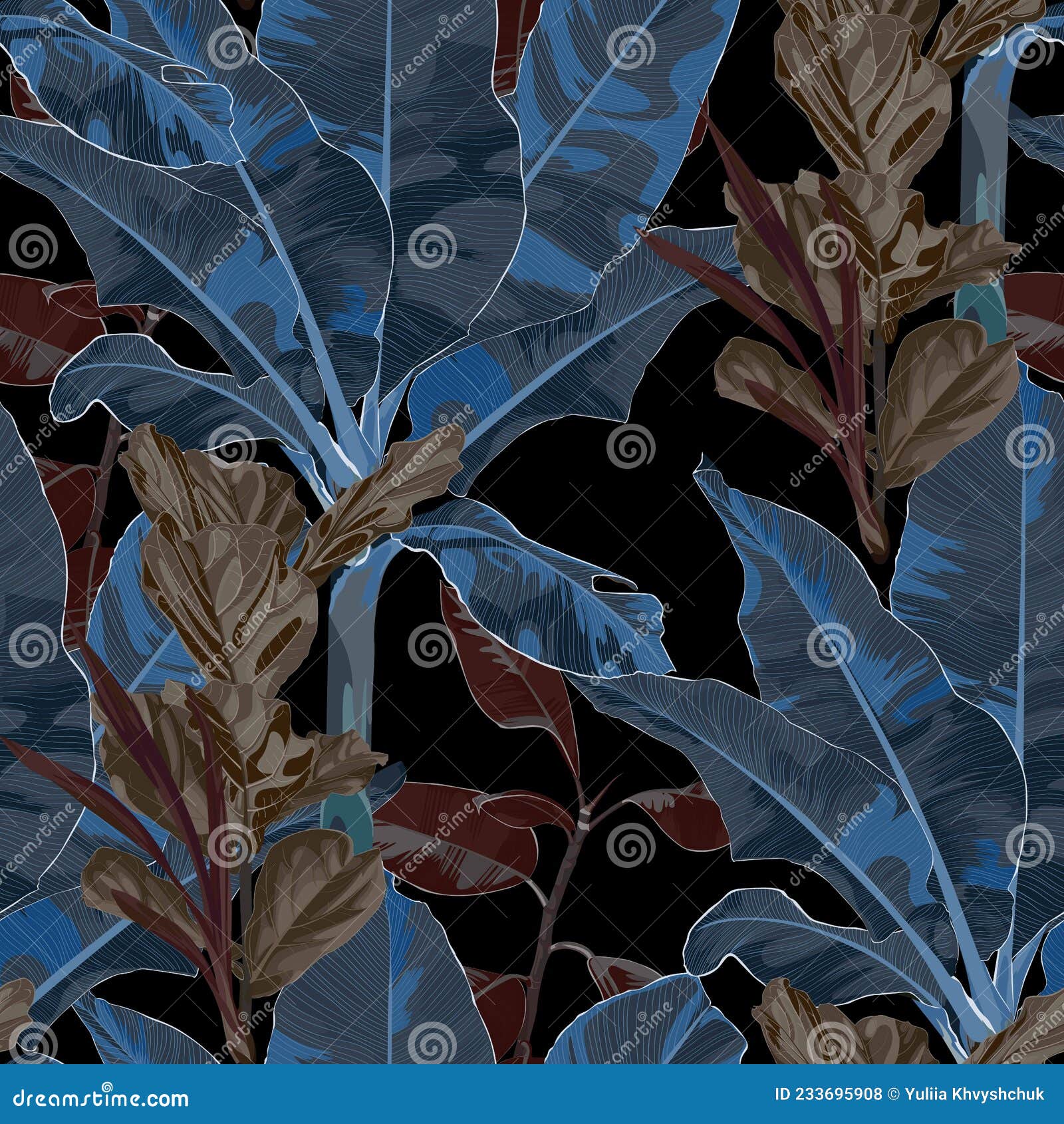 Abstract Foliage Seamless Pattern, Various Plant and Tree in Brown Blue ...