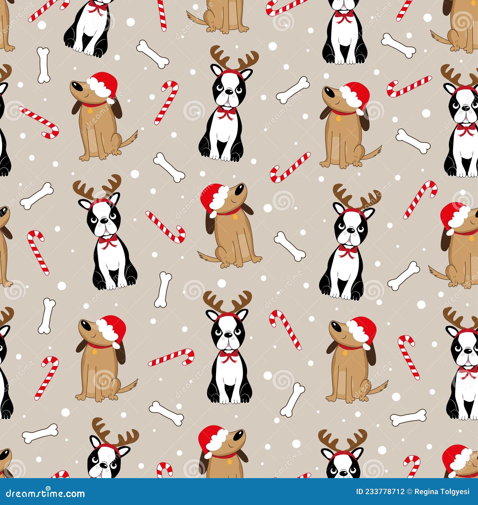 Cute Dogs in Antler and Santa Hat, with Bone and Candy Cane. Stock ...