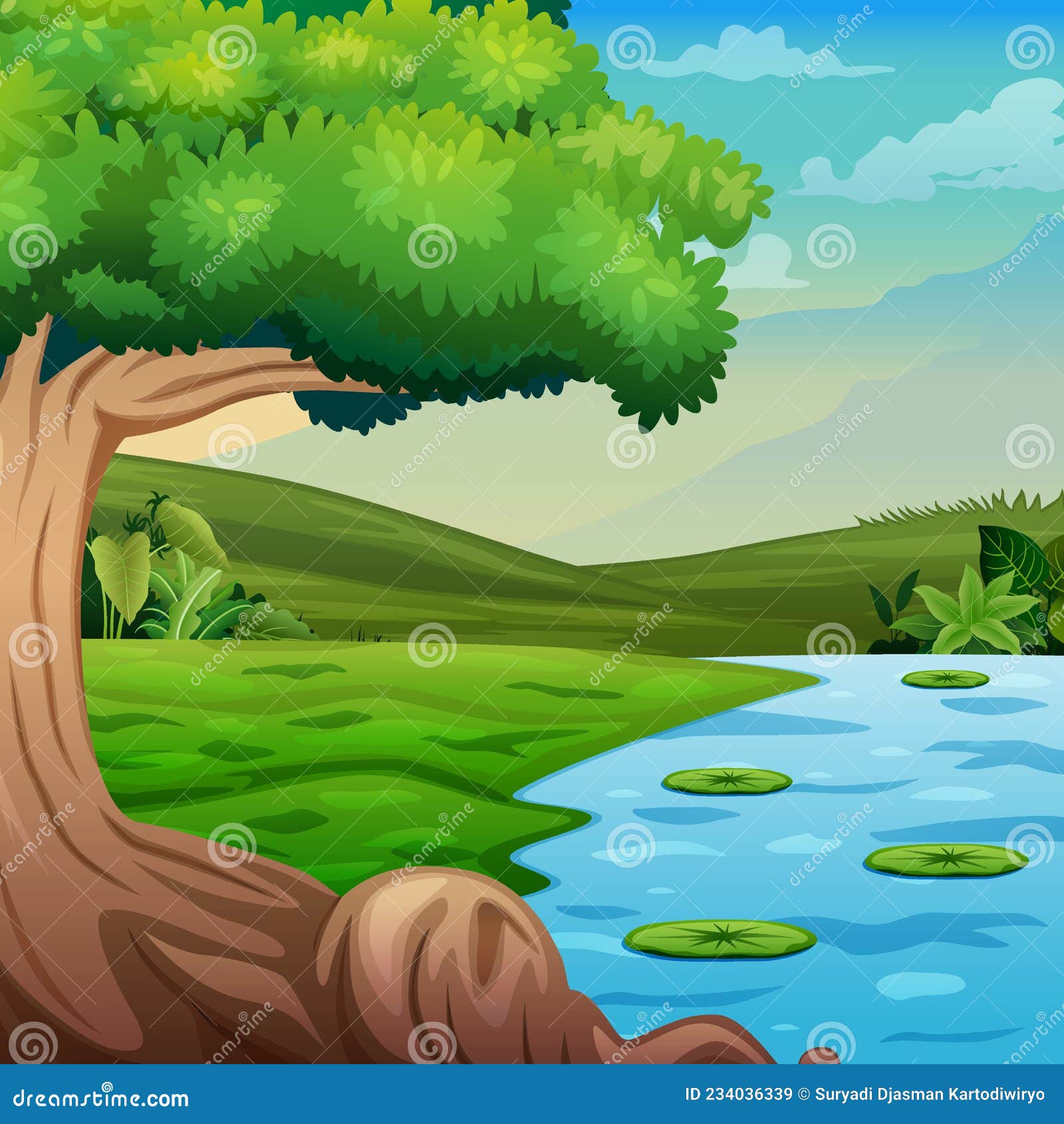 Background Scene with a Tree by the River Stock Vector - Illustration ...