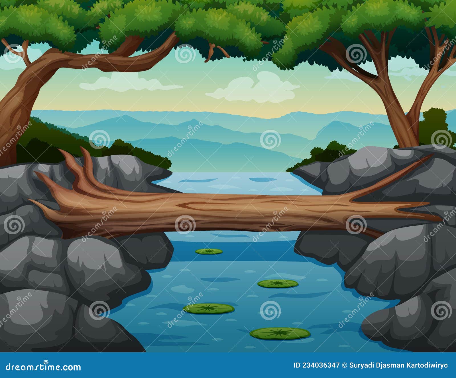 Illustration of River Scene with a Log Bridge Stock Vector ...