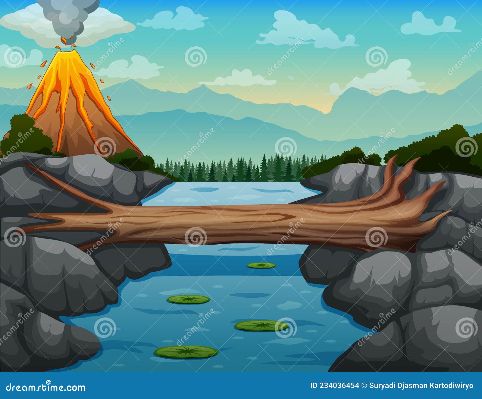 Background Scene with a River and Volcano Erupt Stock Vector ...