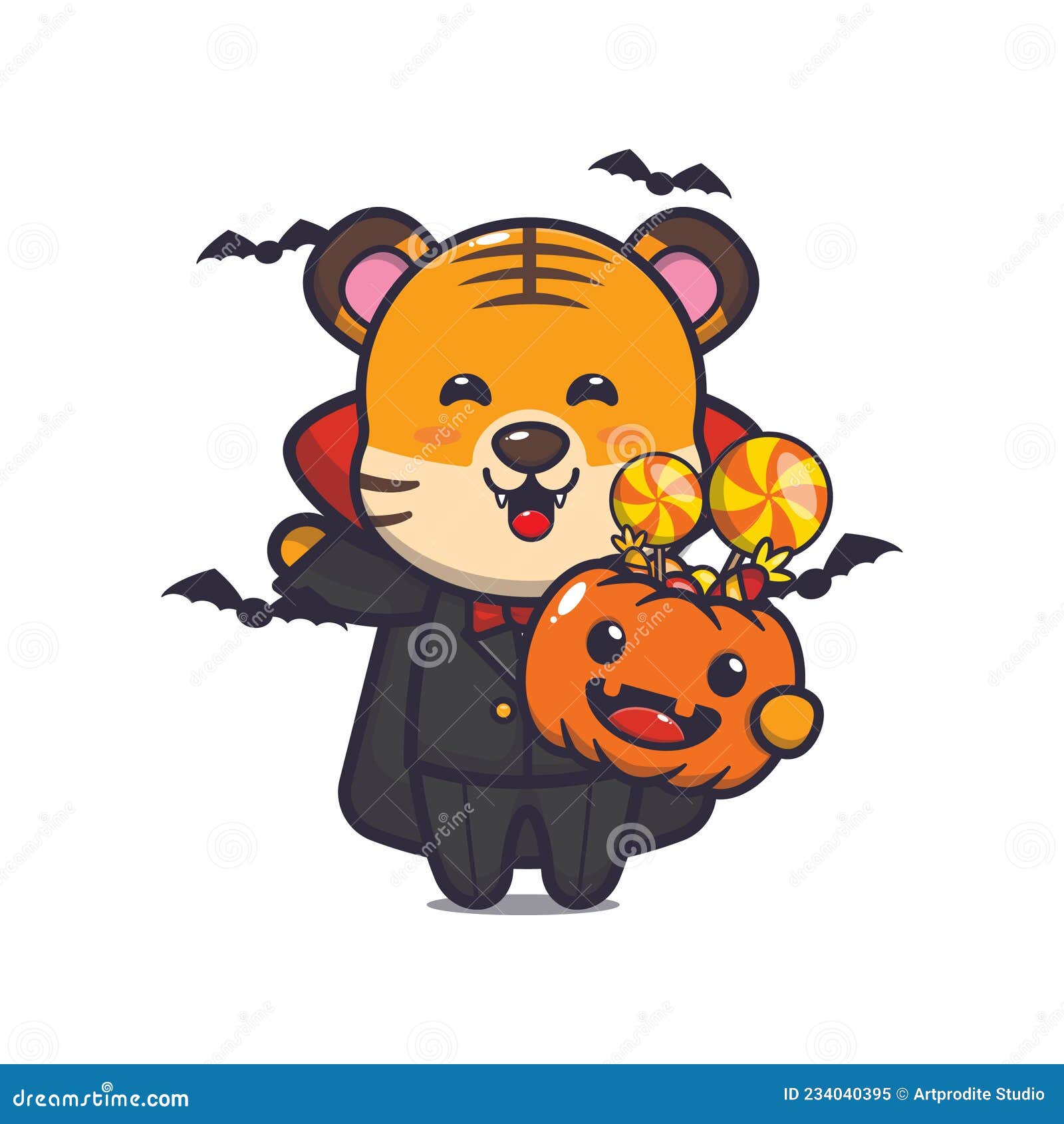 Cute Tiger Wearing Vampire Costume Holding Halloween Pumpkin Stock ...