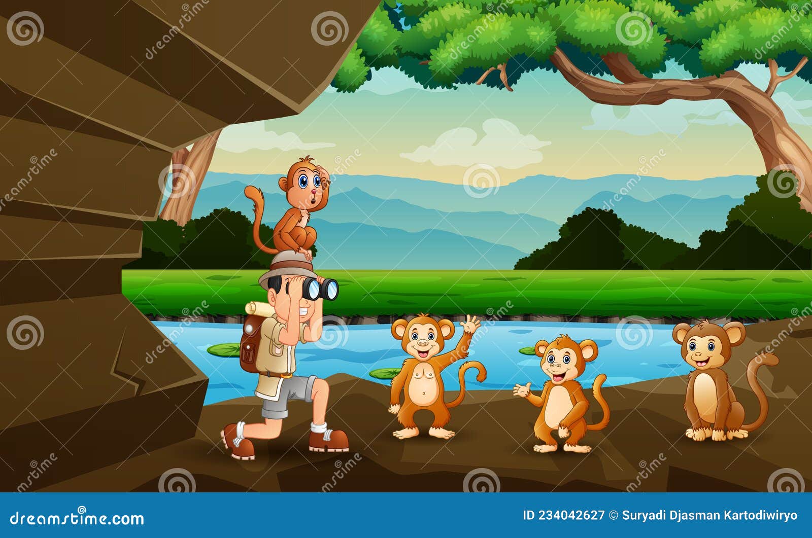 The Adventurer Boy with Monkeys in the Cave Entrance Stock Vector ...