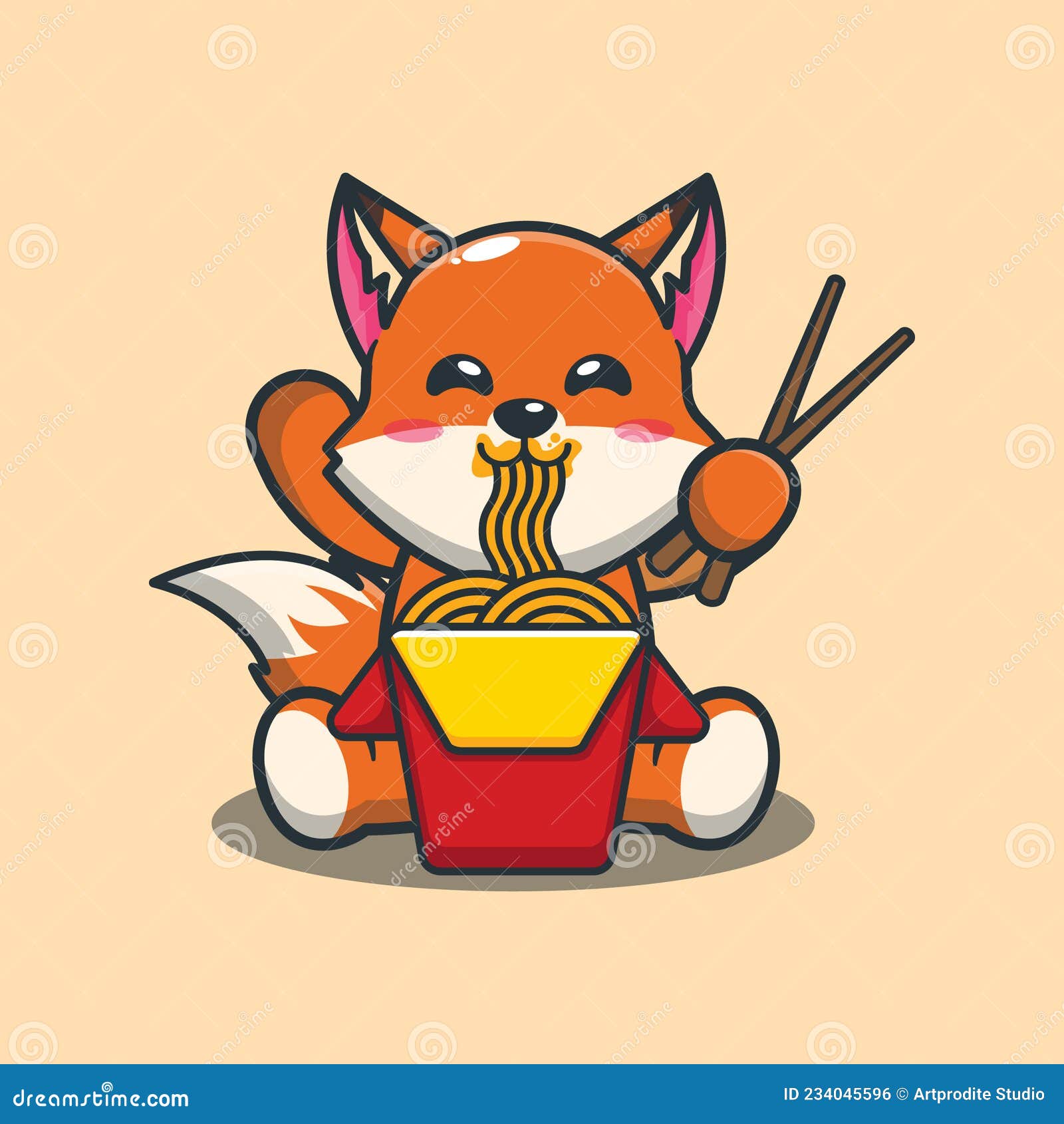Cute Fox Eating Noodle. Cute Cartoon Animal Illustration Stock Vector ...