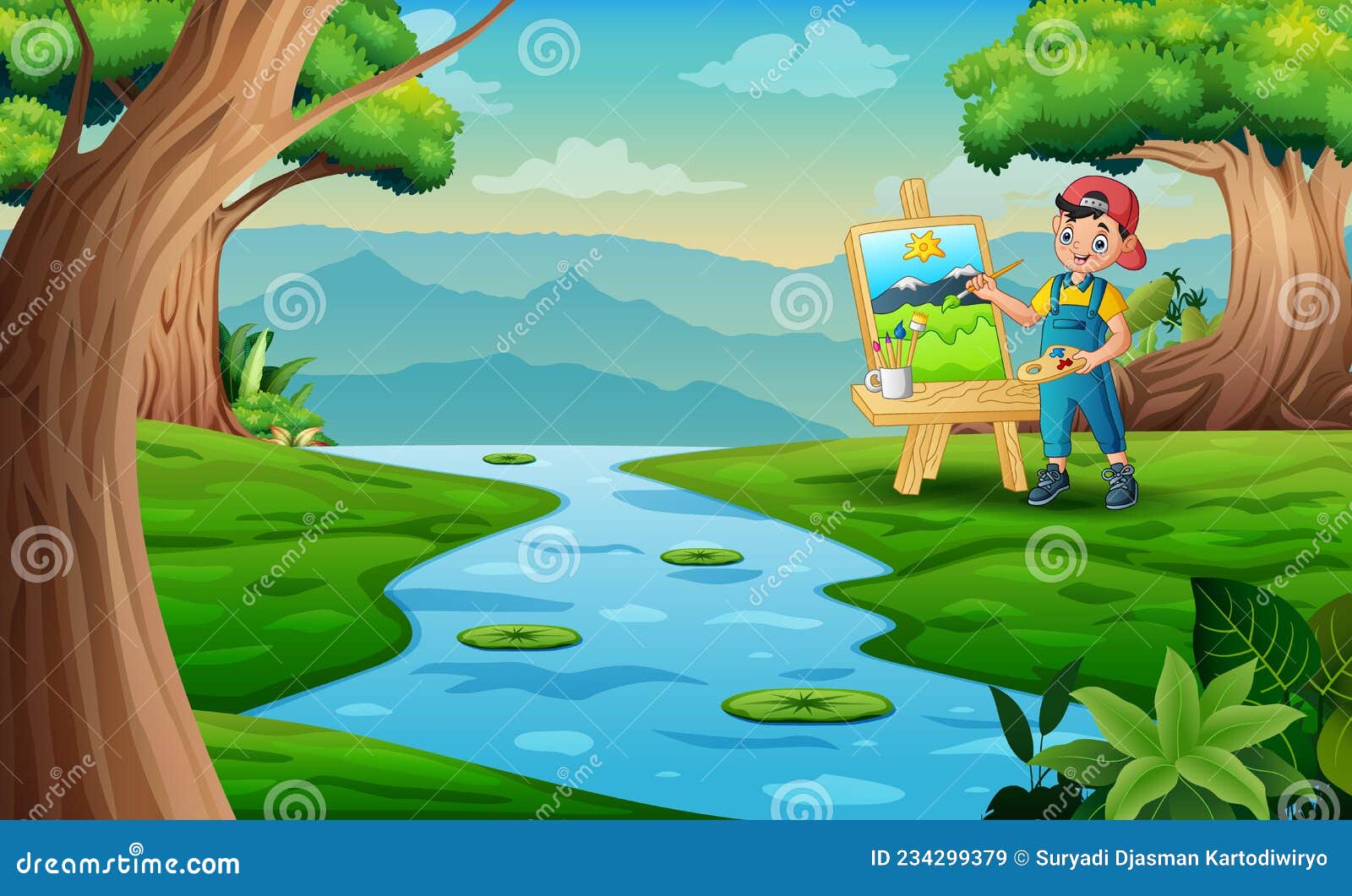 Young Man Paints a Landscape by the River Stock Vector - Illustration ...