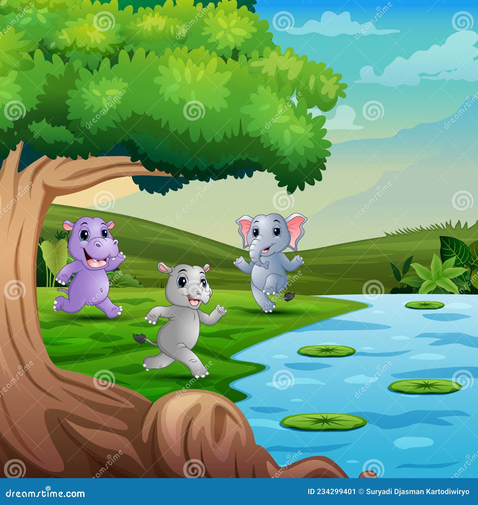 Animals Cartoon Running in the Green Field Stock Vector - Illustration ...