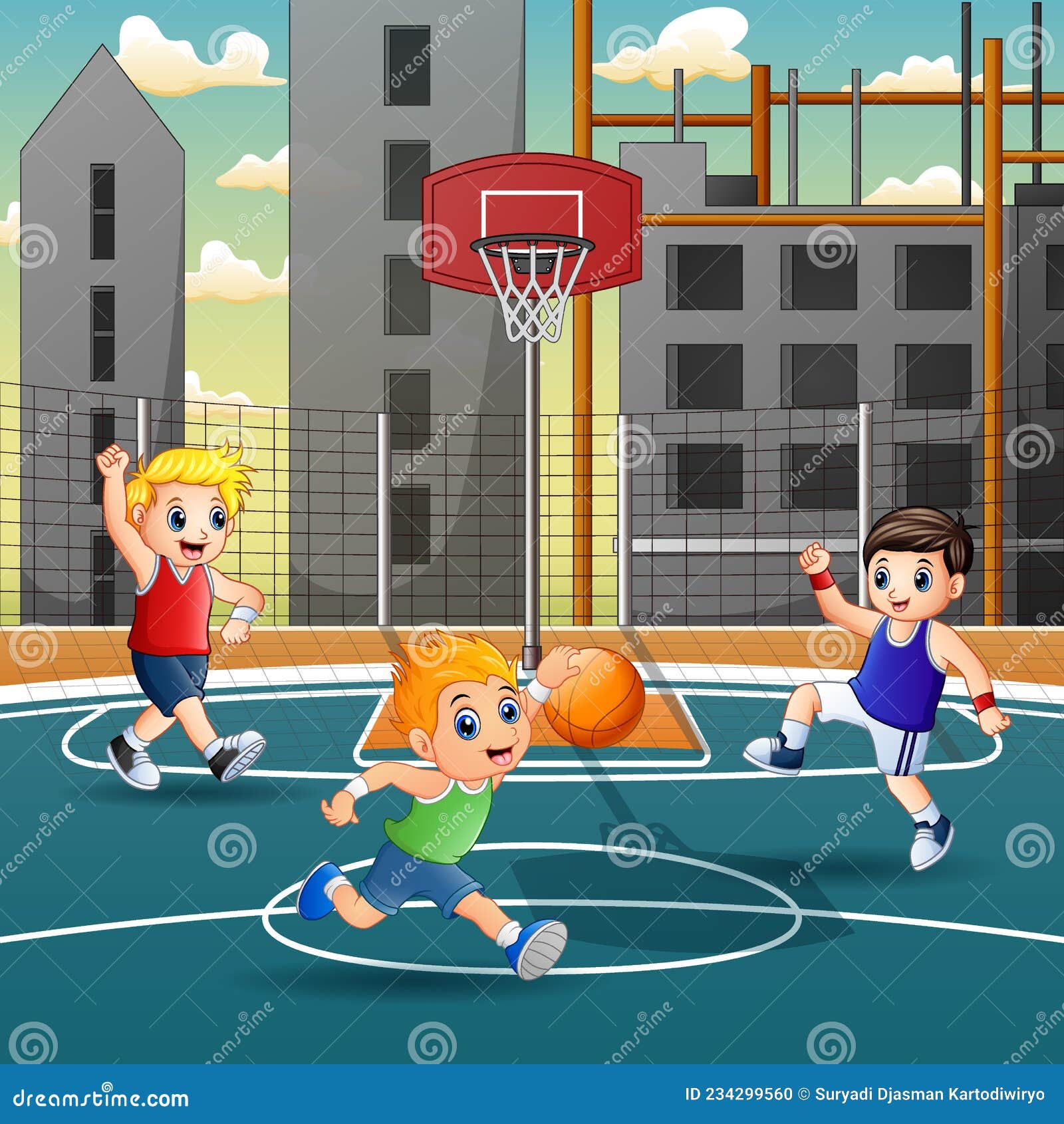 Cartoon Kids Playing Basketball on the Court Stock Vector ...