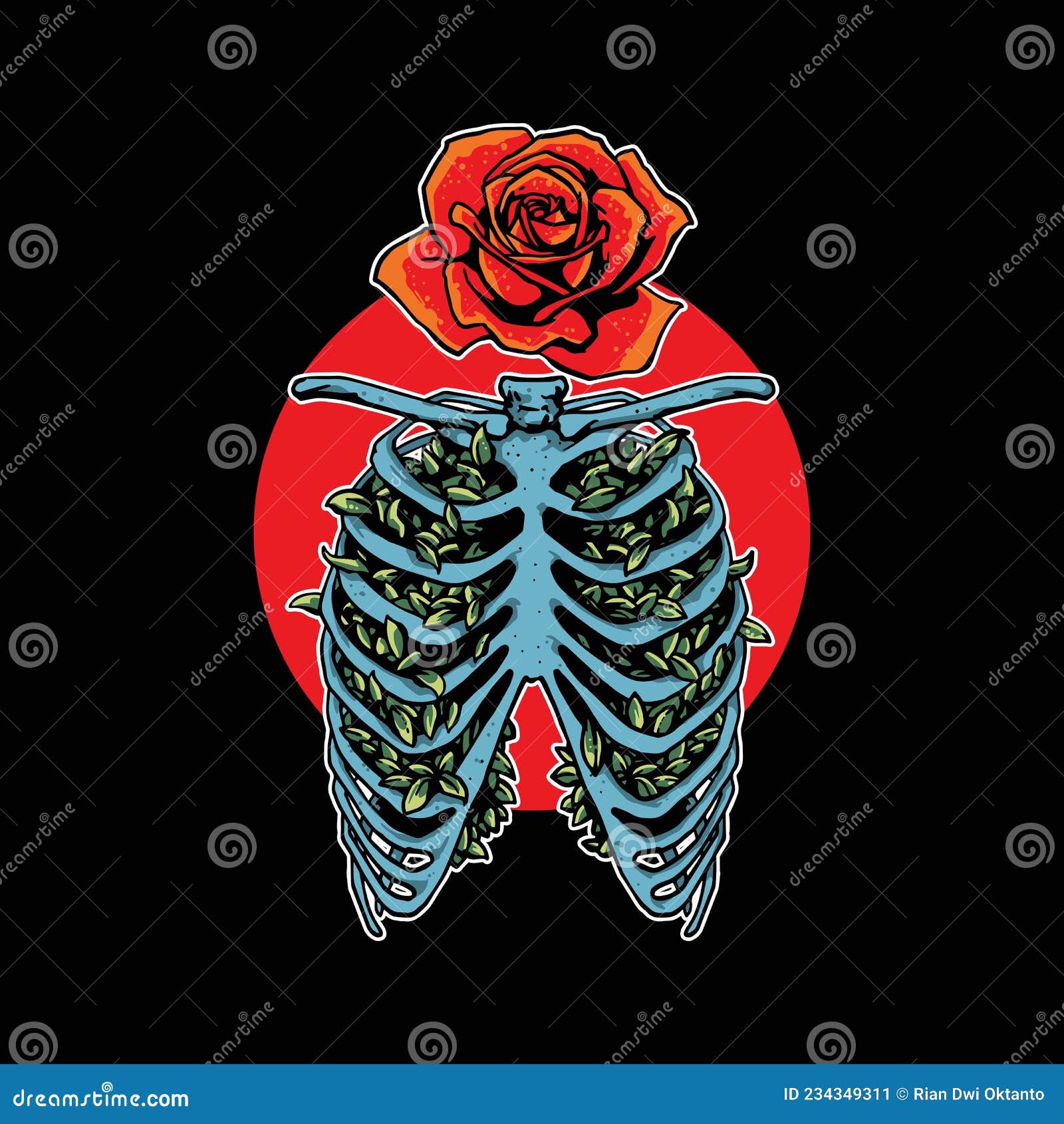Skull Ribs With Lungs Nature And Rose Flower Illustration Cartoon ...