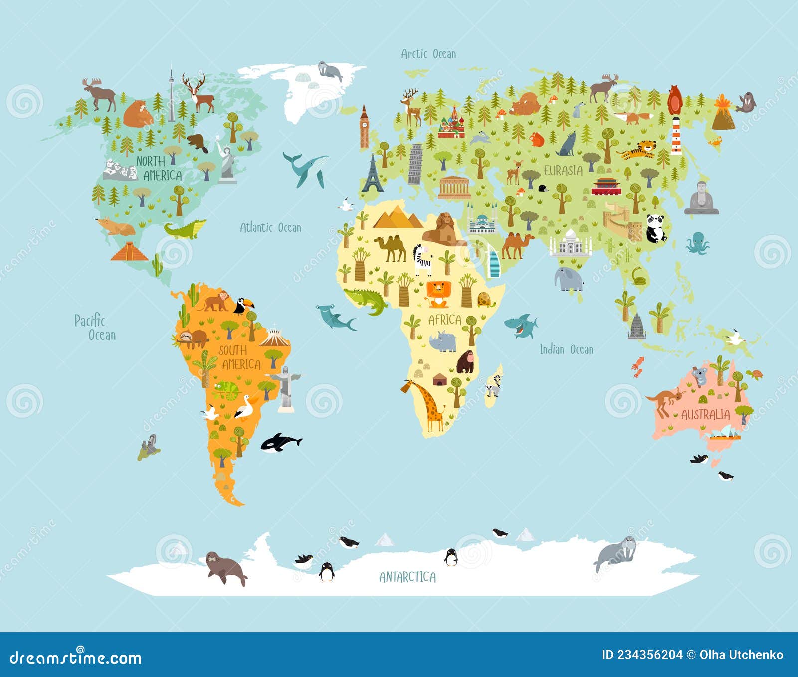 Print. World Map with Animals and Architectural Landmarks for Kids ...