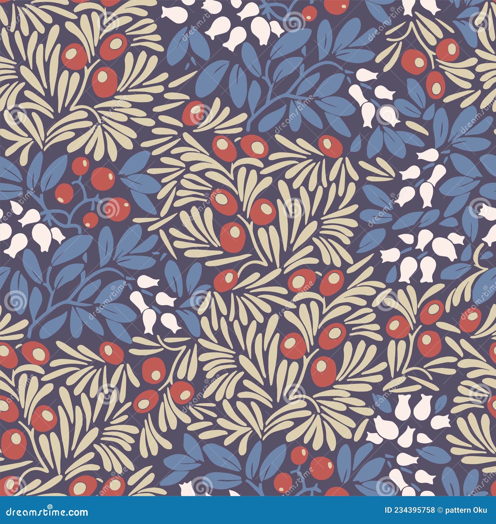 Vector Berry, Flower, Leaf, Botanical Illustration Motif Seamless ...