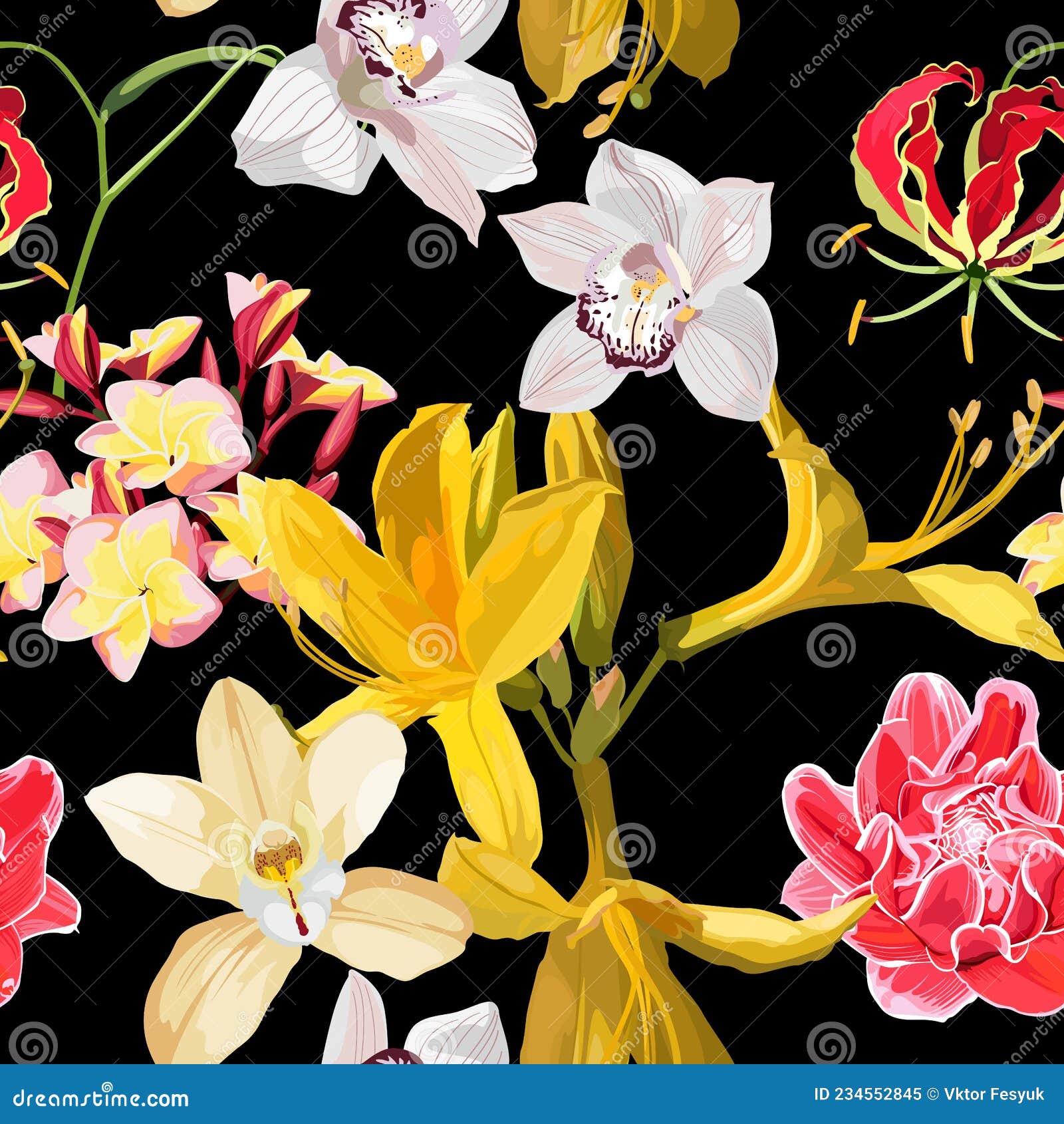 Seamless Pattern with Yellow Oleander, Orchids, Plumeria Flower. Stock ...