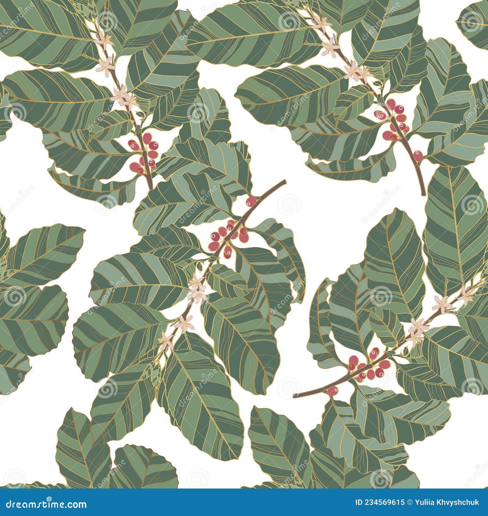 Coffee Tree Seamless Pattern, Branch of Coffee Tree in Golden Line on ...