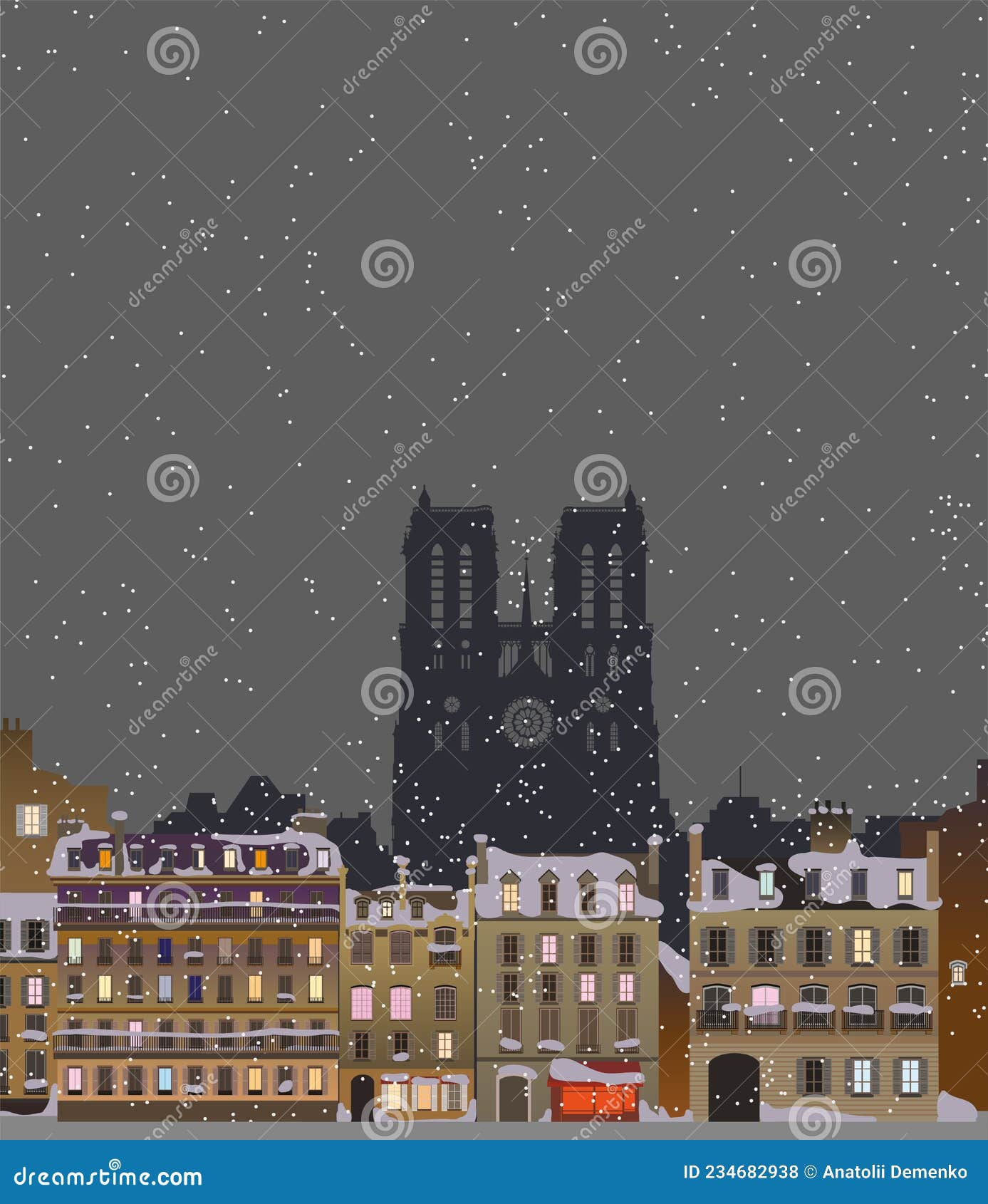 City at Night, Paris and Notre Dame Cathedral. Vector. Stock Vector ...