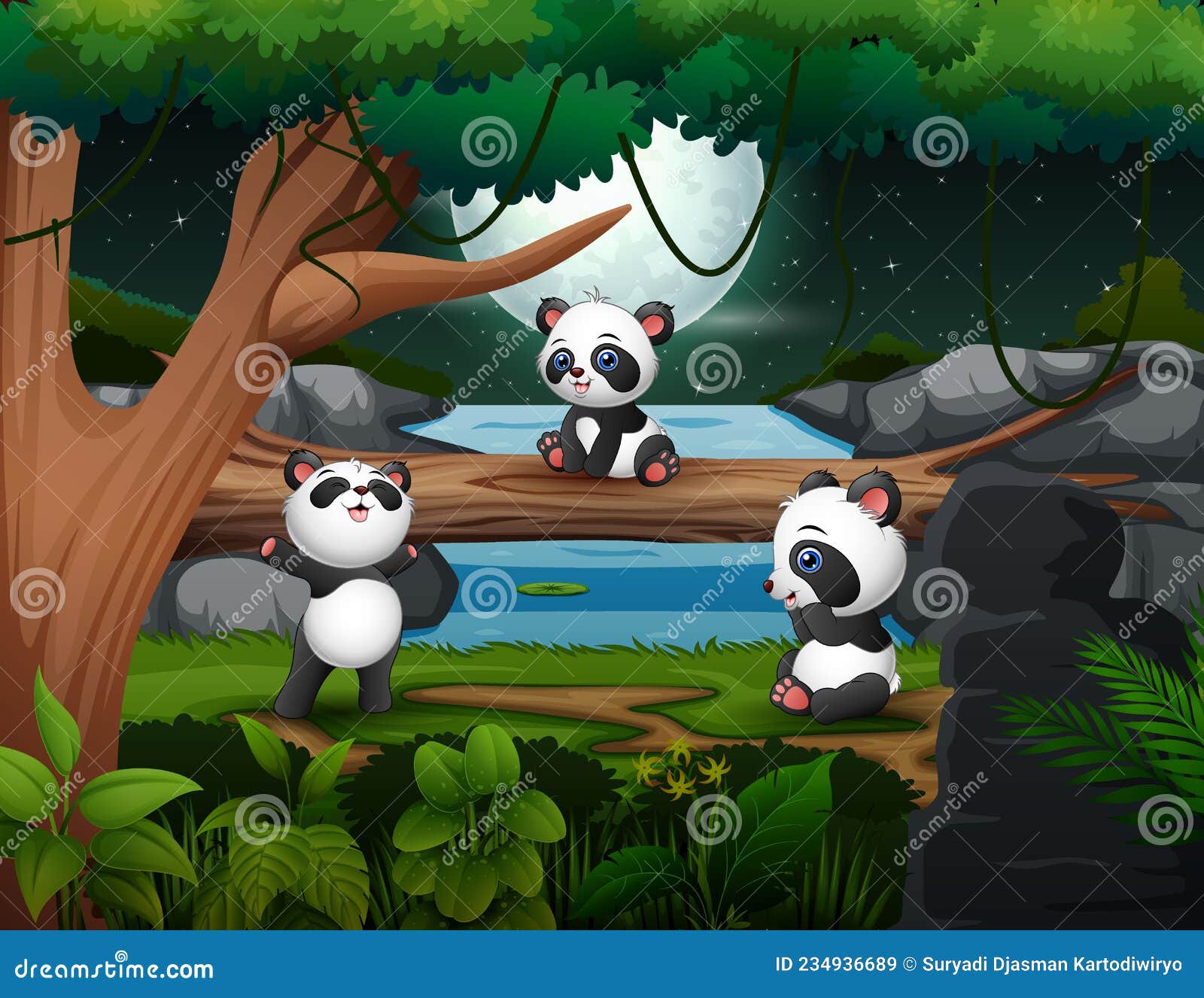 Three Cute Pandas Playing at Night Stock Illustration - Illustration of ...