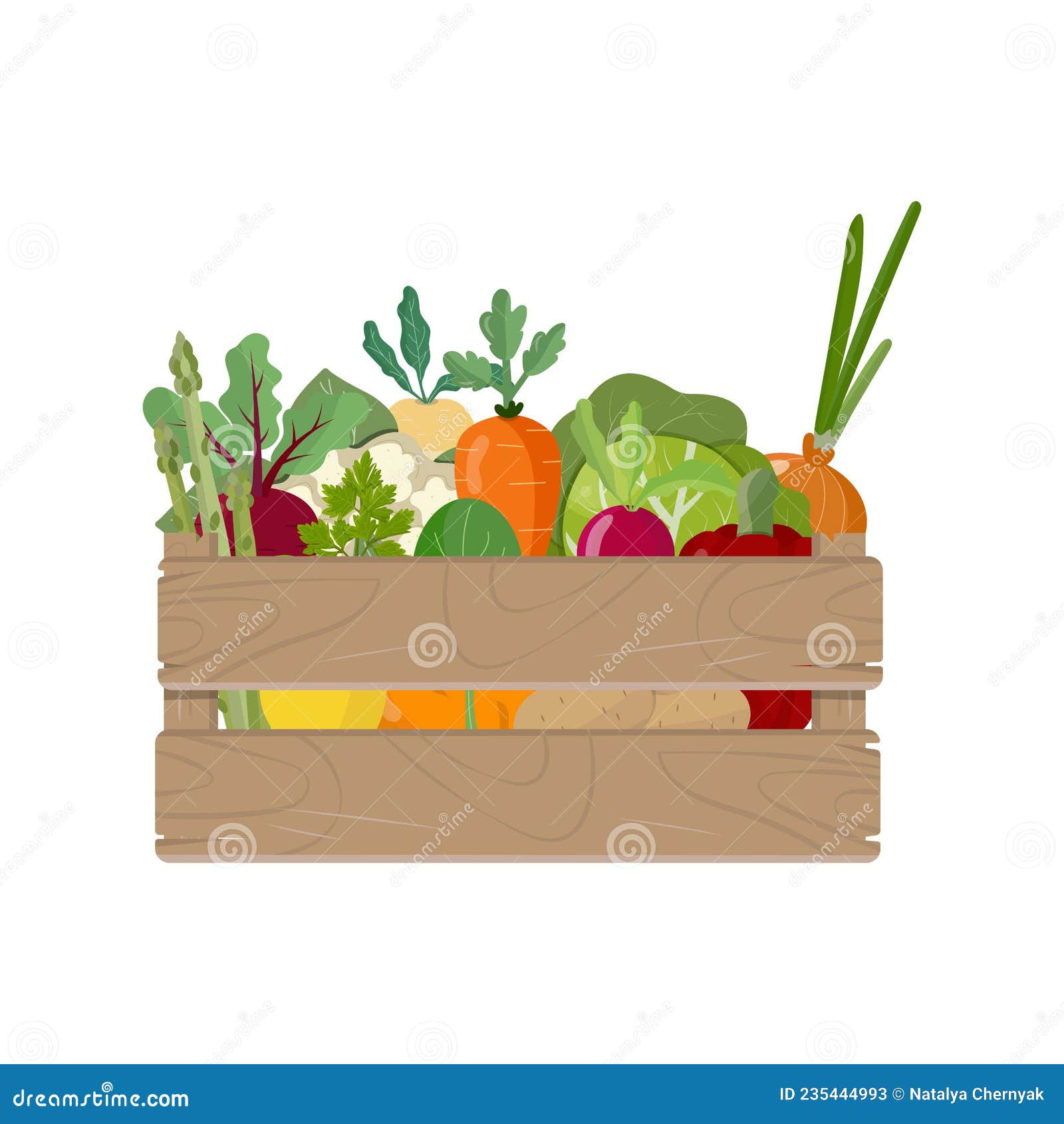 Vegetables in Wooden Box, Isolated on White Background Stock Vector ...