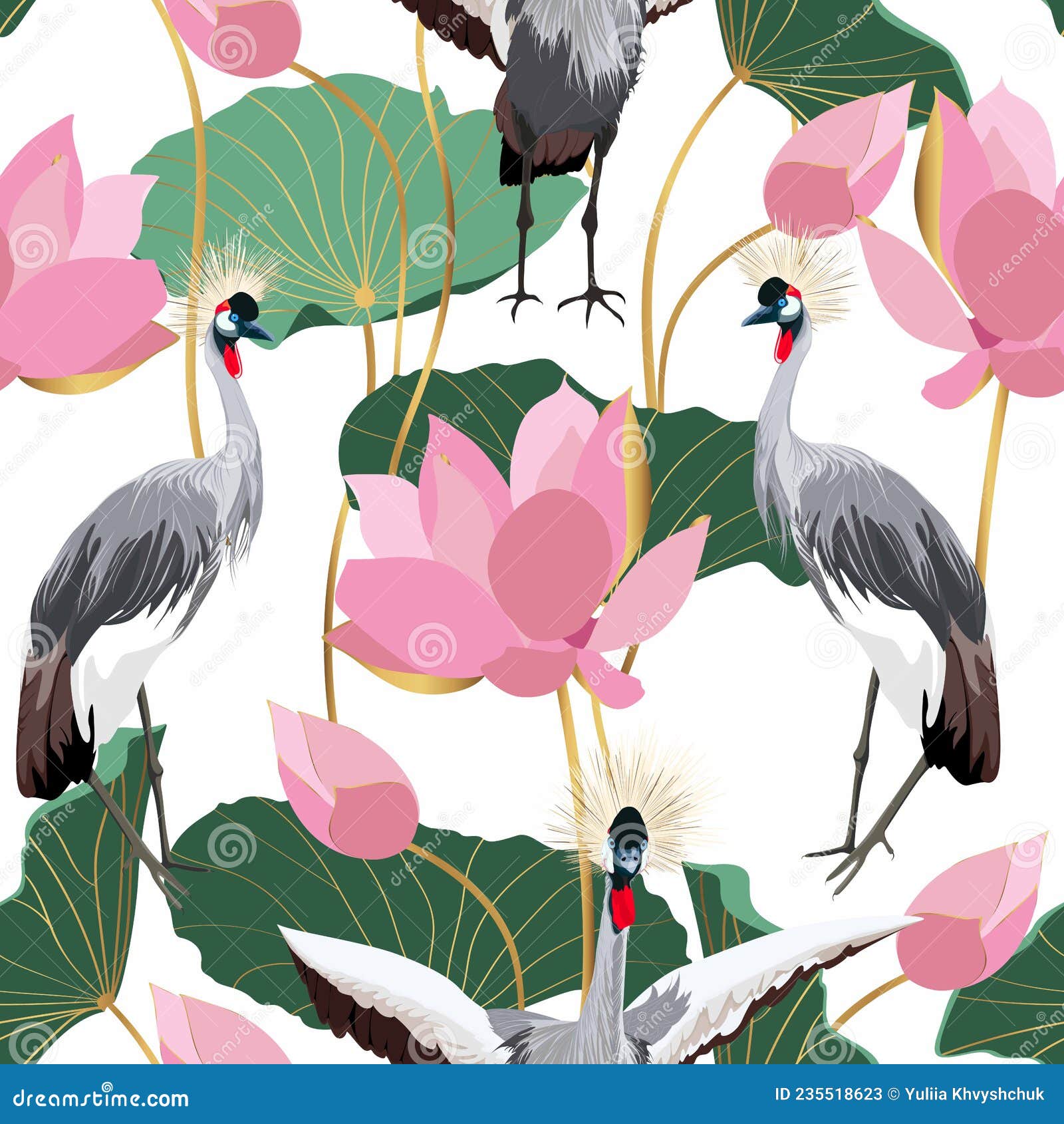 Seamless Pattern with Japanese Cranes and Lotus Flowers with Leaves ...