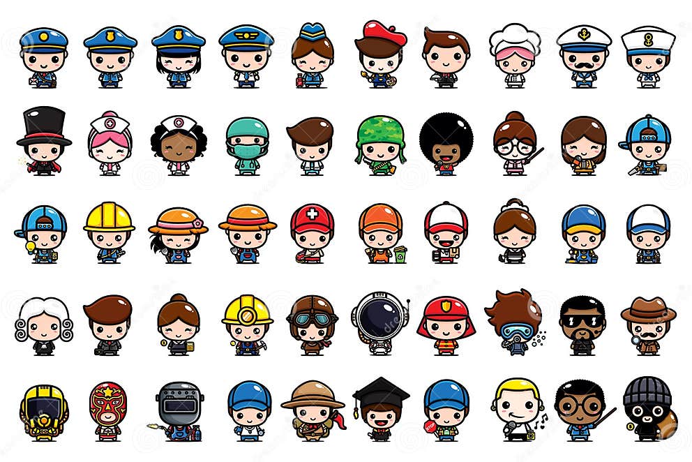 Cute Worker Bundle Set Cartoon Character with Various Jobs Stock Vector ...