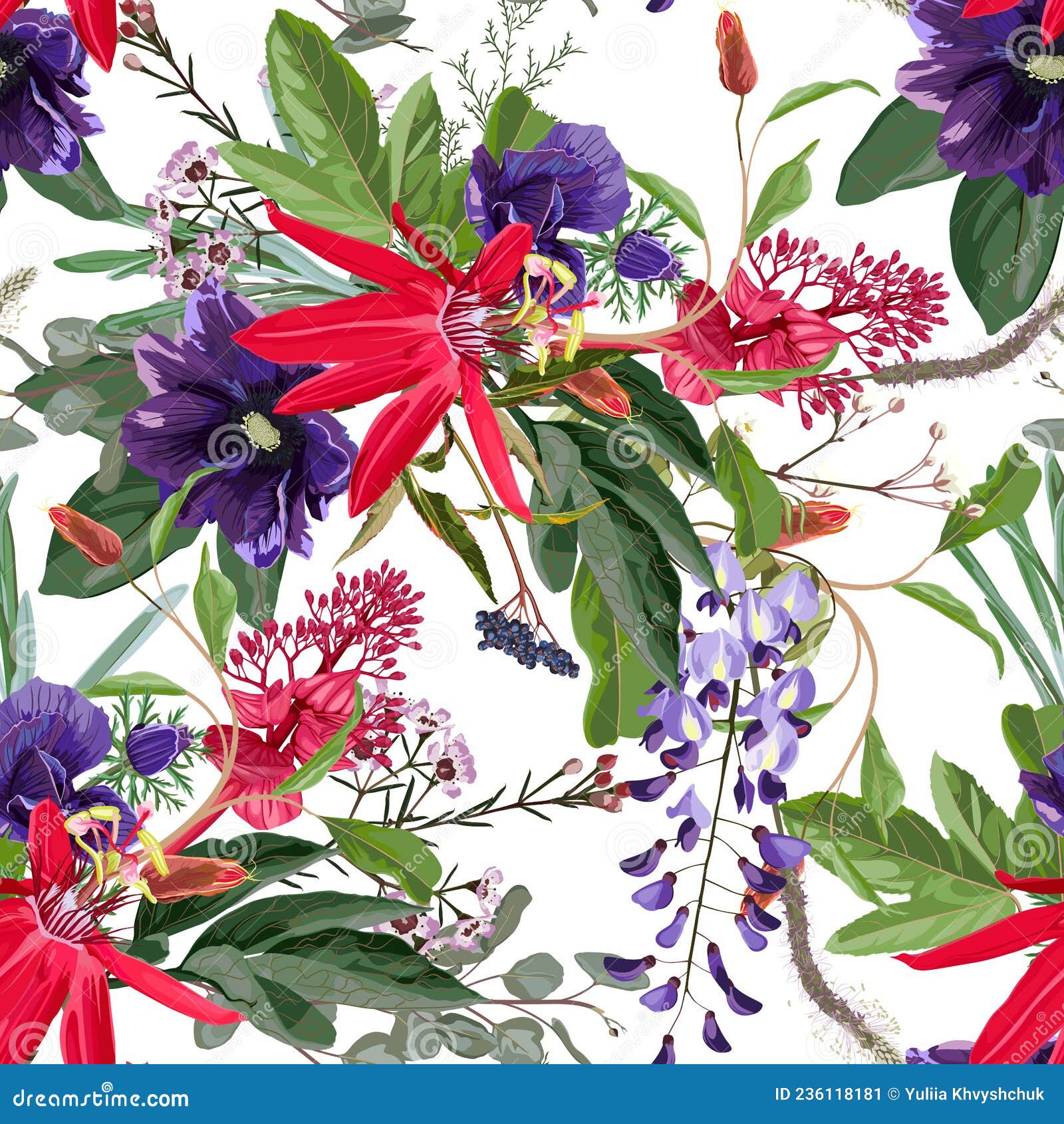 Passion Flower, Clematis Seamless Pattern, Buds and Palm Tropical ...