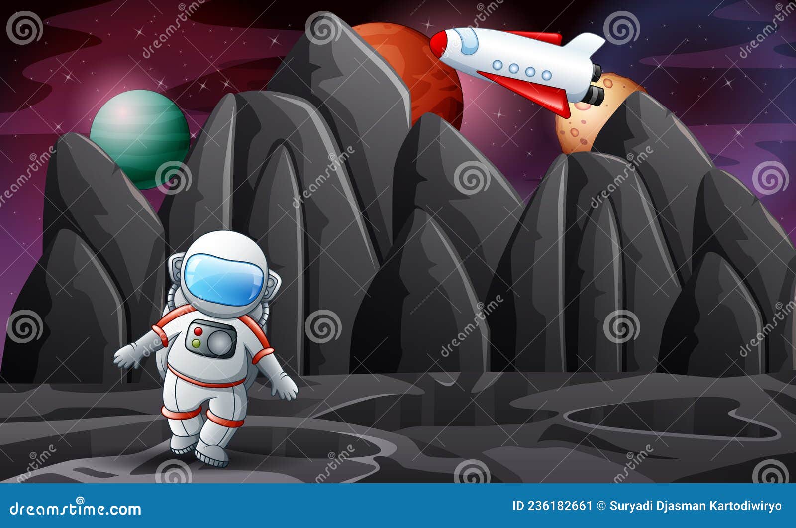 Cartoon of Astronaut Stand on the Moon Stock Vector - Illustration of ...