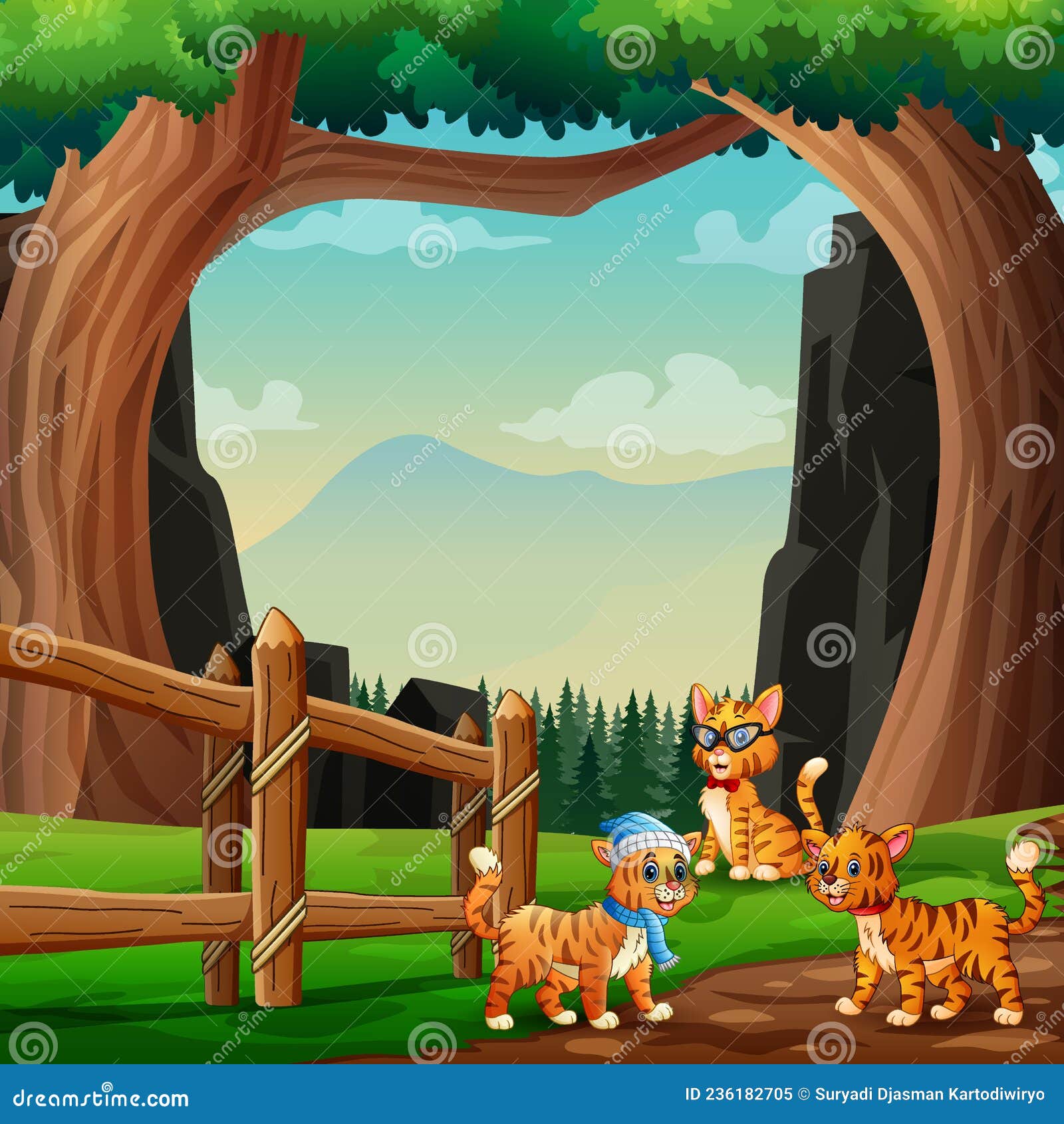 Cute Three Cats Playing in the Nature Stock Vector - Illustration of ...