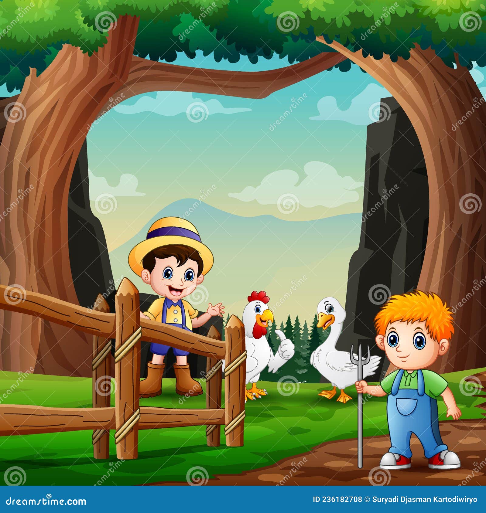 Cartoon Farmer with His Farm Animals in the Stable Stock Vector ...